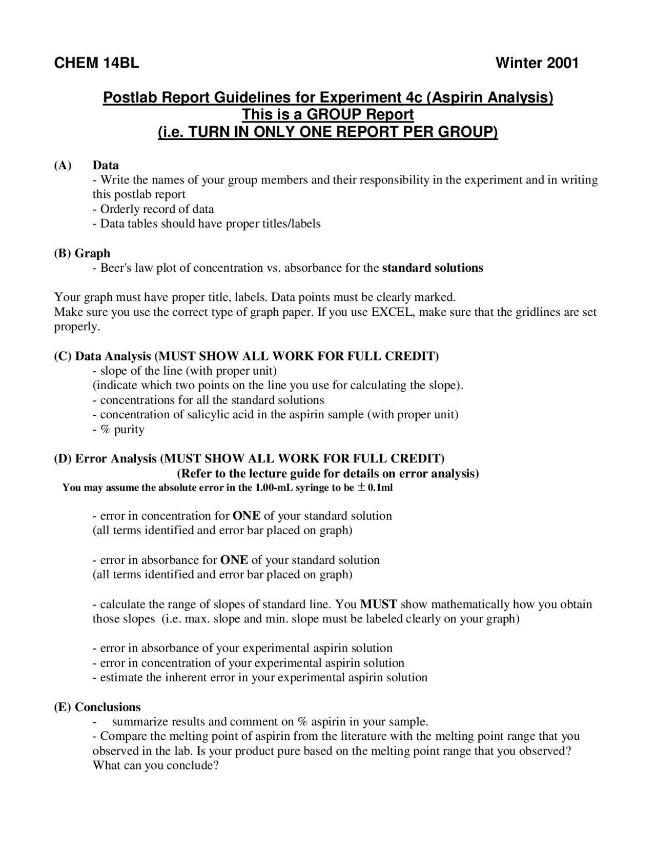 Aspirin Analysis Postlab Report Guidelines For Experiment 4c Chem