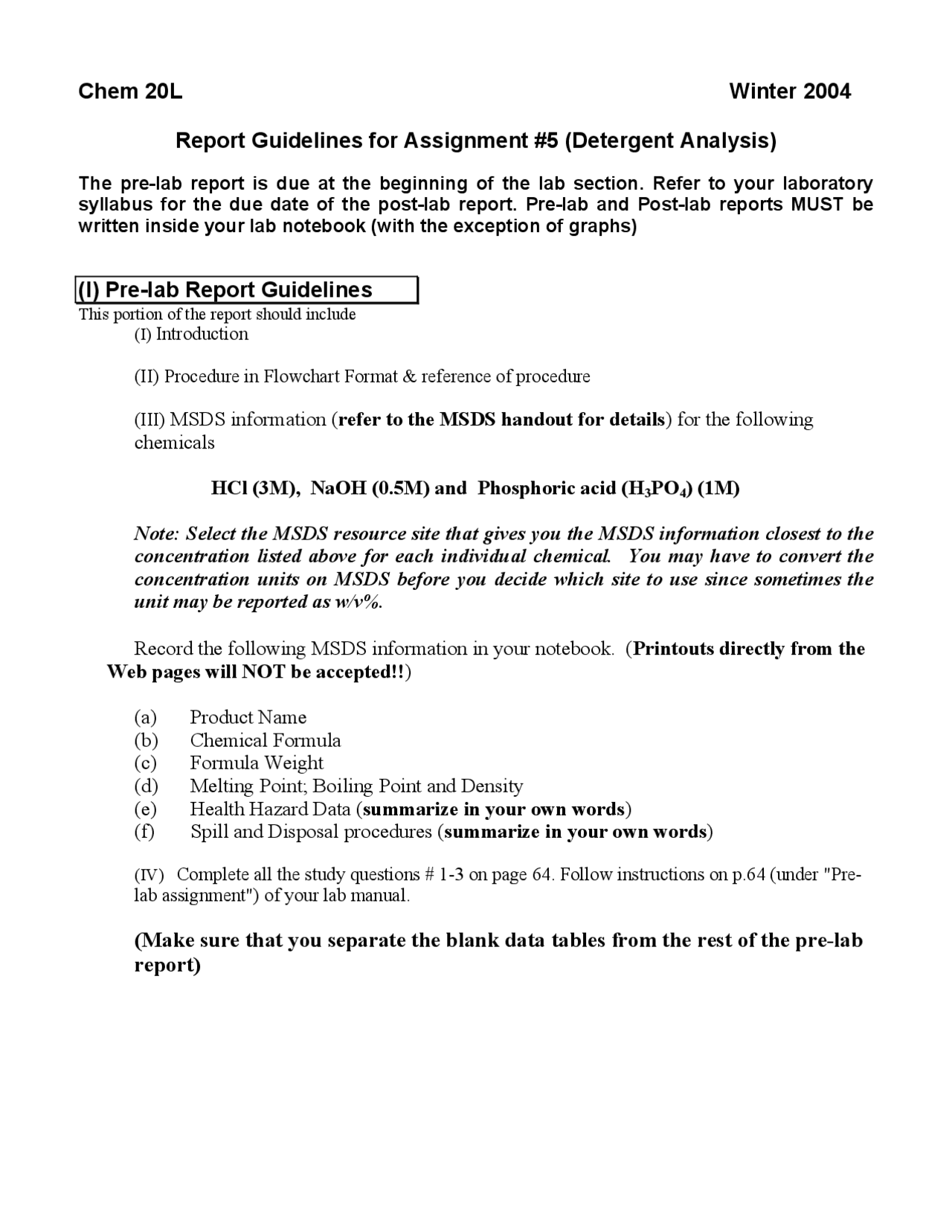General Chemistry Laboratory Report Guideline For Assignment 5 Chem