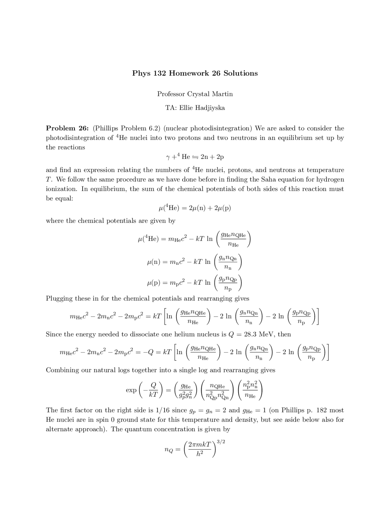Solutions Of Homework 26 On Stellar Structure Evolution Phys 132