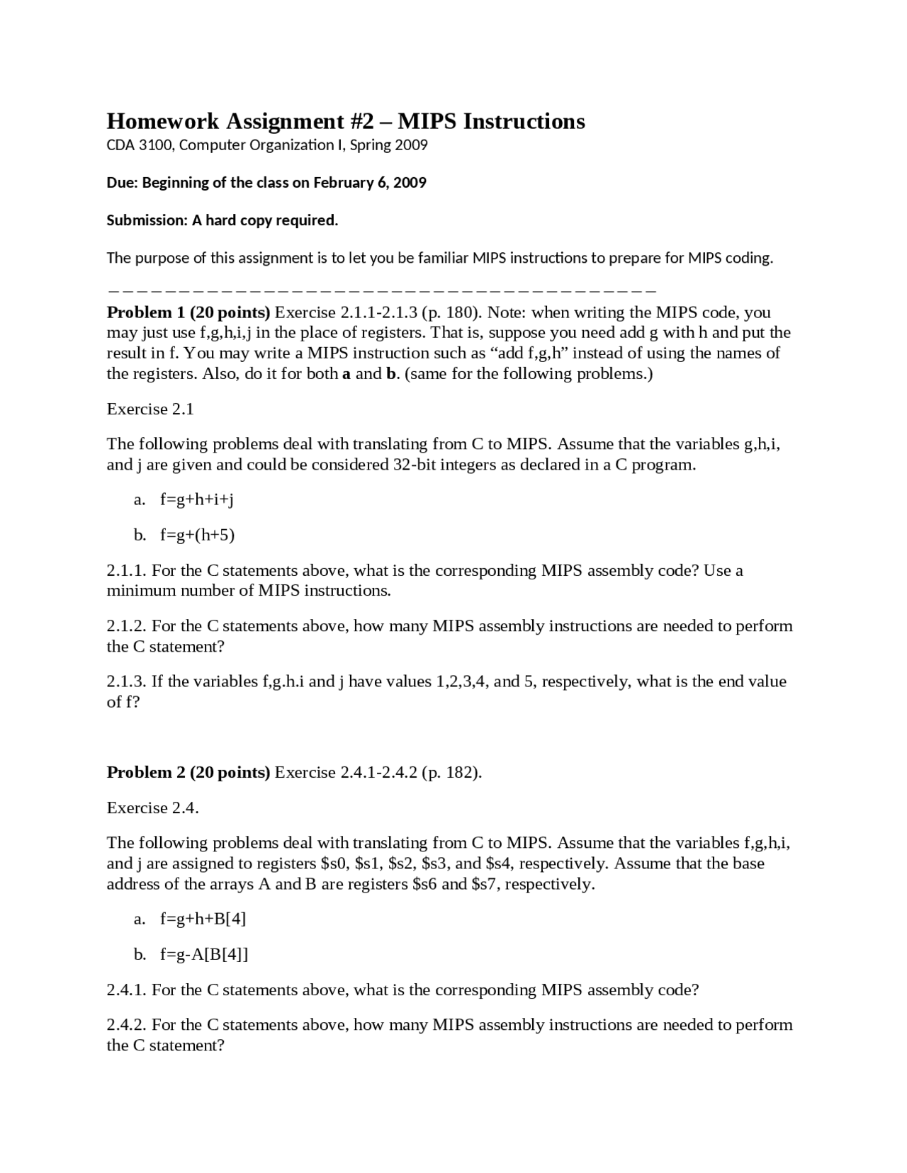Homework Assignment 2 On Mips Instructions Cda 3100 Docsity