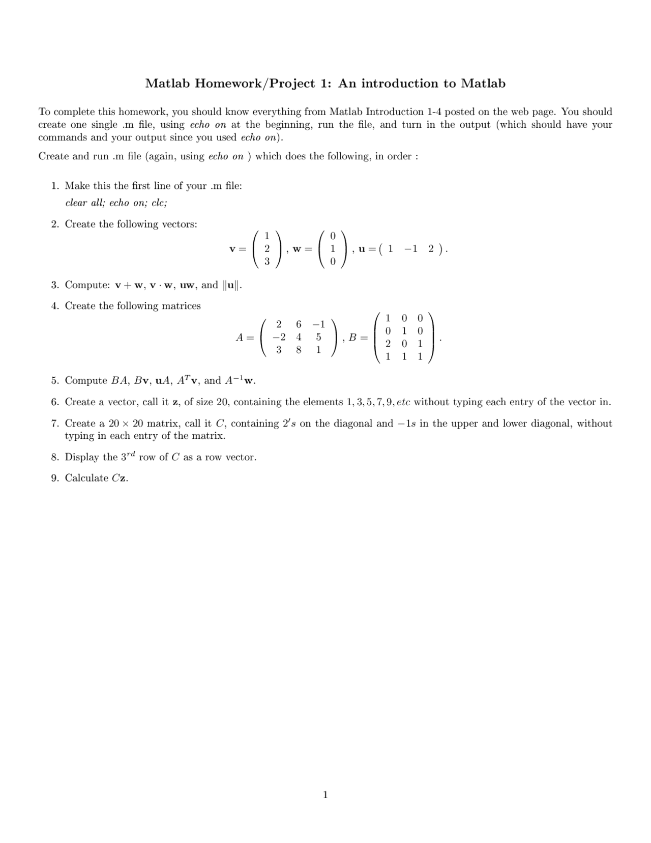 Homework Project 1: An Introduction to MATLAB - Matrix Analysis | MATH 410 - Docsity