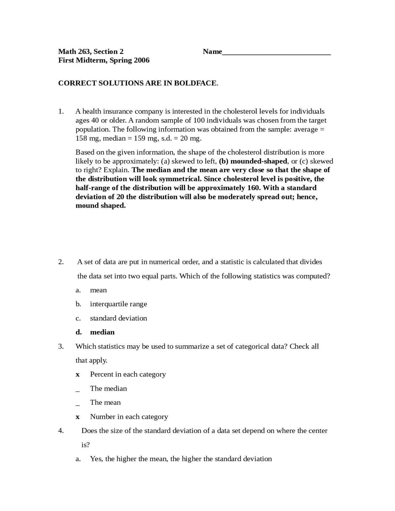 First Midterm Exam With Solutions Statistics And Biostatistics Math