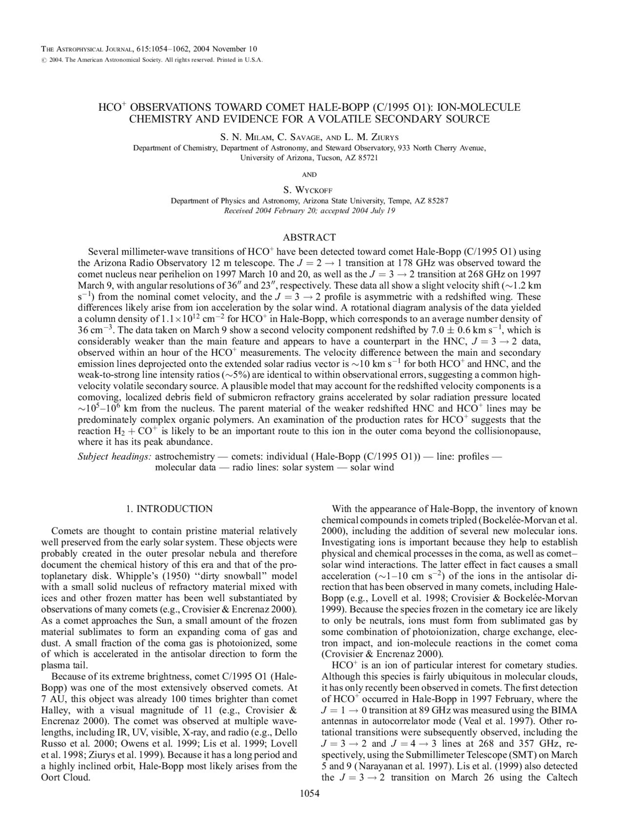 HCO+ Observations Toward Comet Hale-Bopp (C/1995 01): Ion-Molecule ...