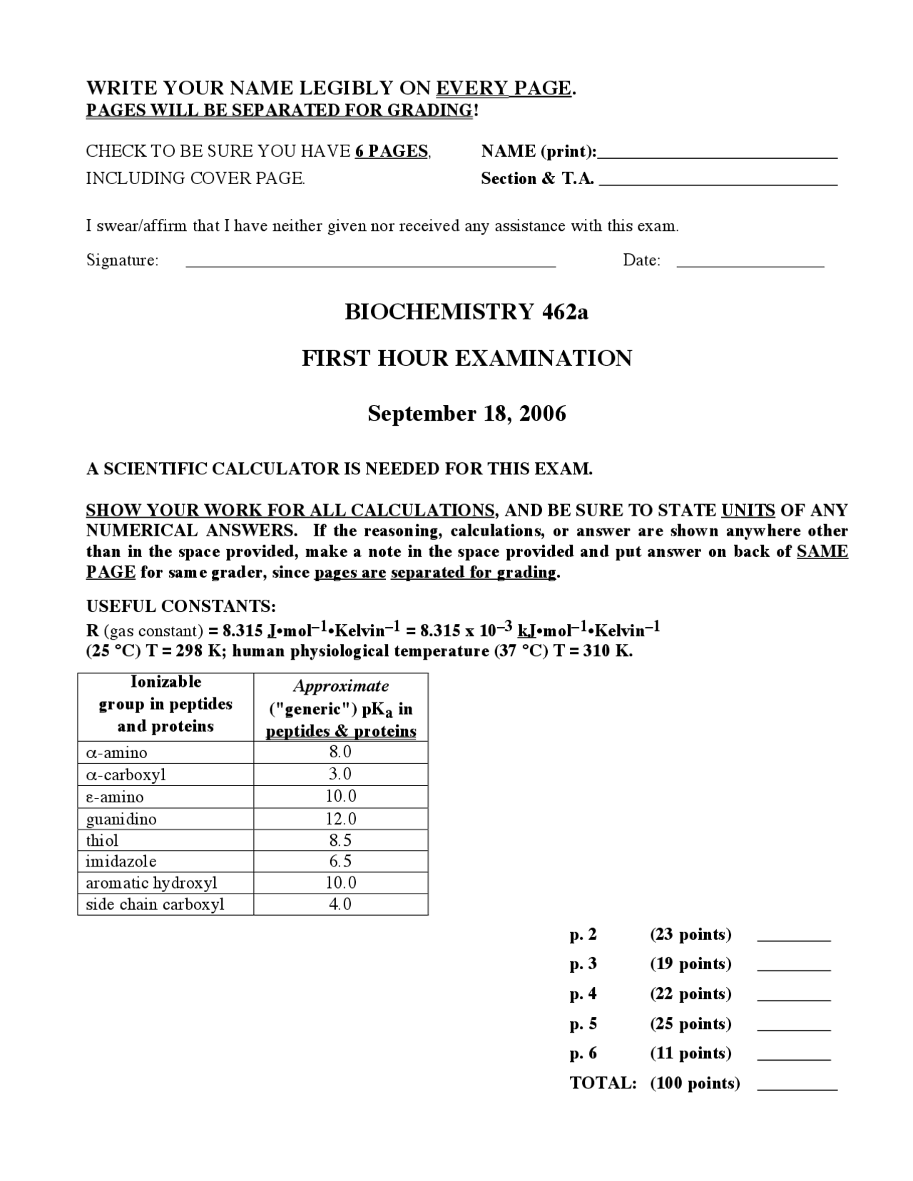 Exam 1 Fall 2006 Biochemistry Questions Bioc 462a Docsity