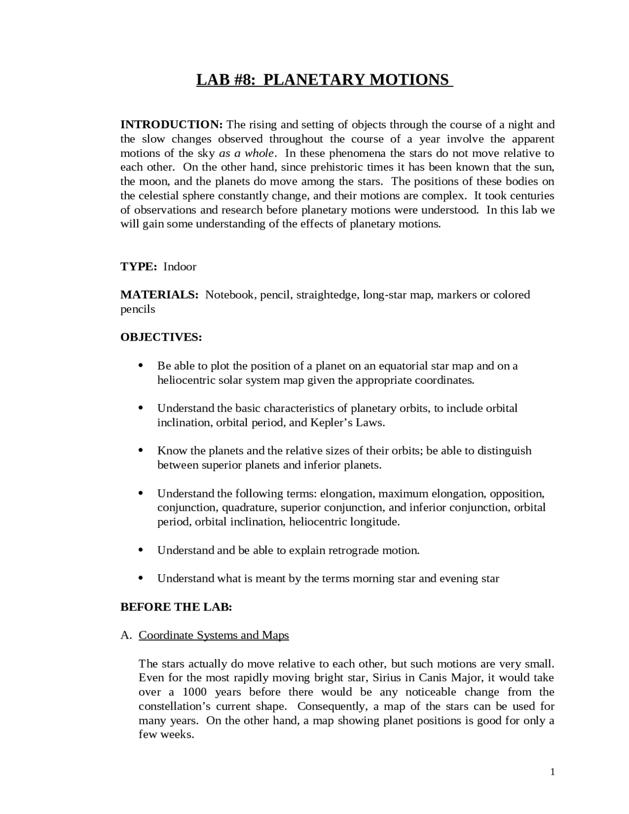 Planetary Motions Lab 8 Introduction To Astronomical Observations