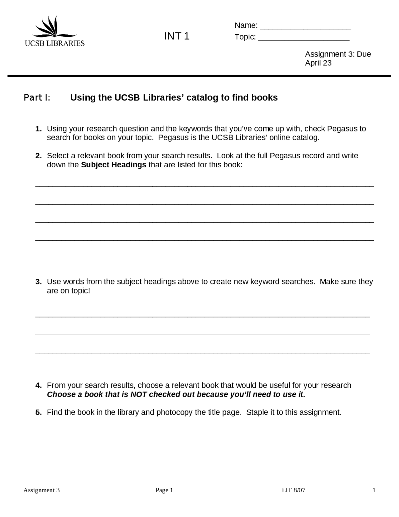 Assignment 3 Introduction To Library Research Int 1 Docsity