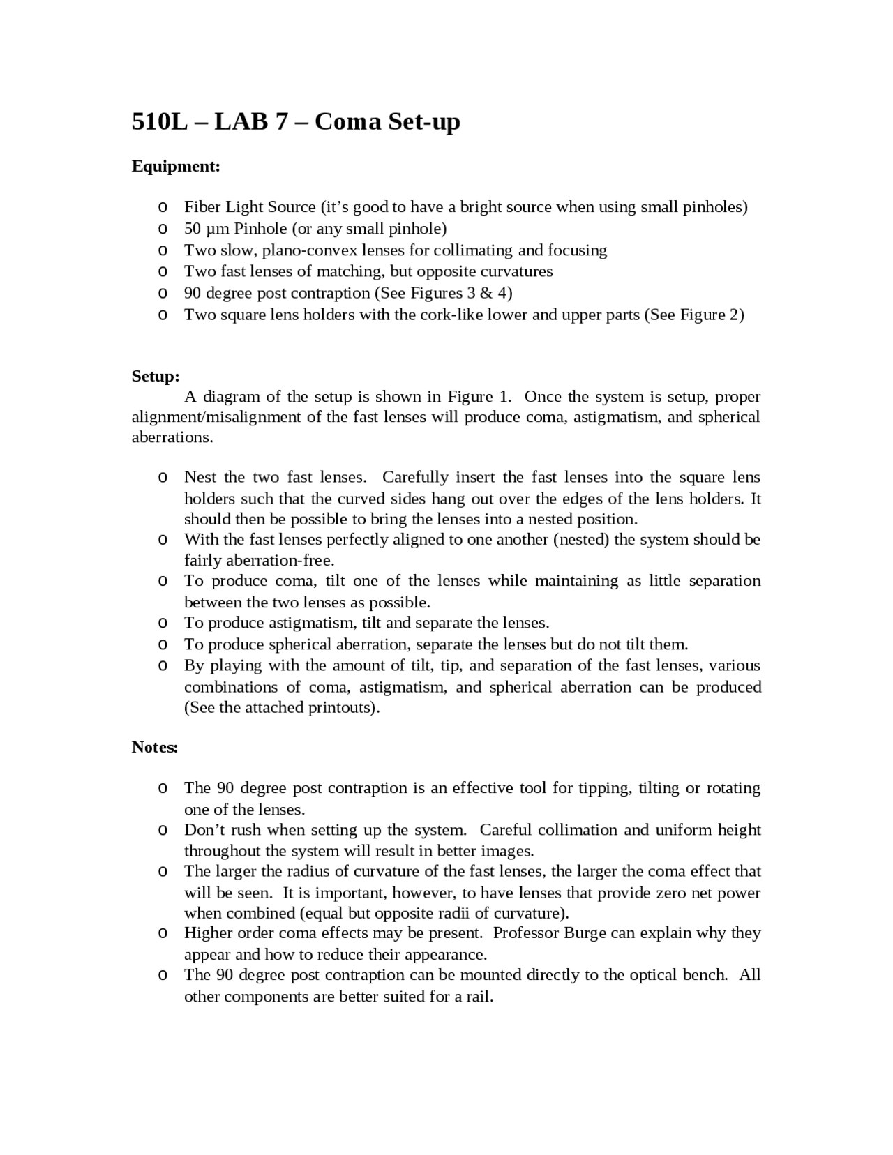 Coma Set Up Fundamentals Of Applied Optics Laboratory Opti 510l