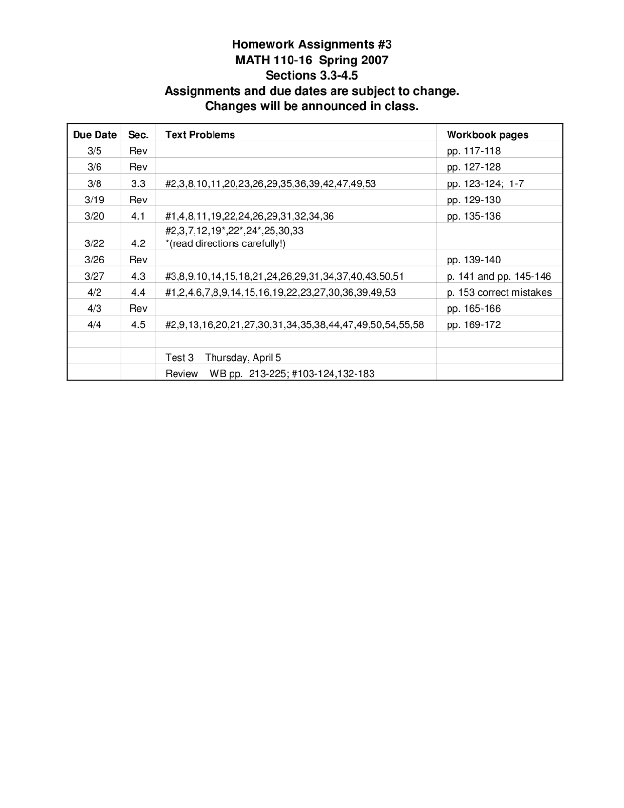 Homework 3 College Algebra 2007 Math 110 Docsity