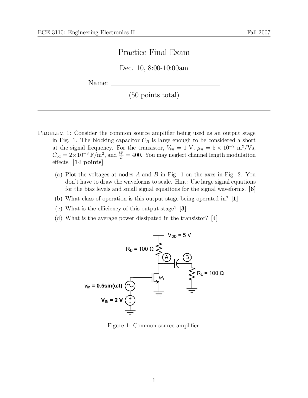 Practice Final Exam for Engineering Electronics II | ECE 3110 | Exams ...