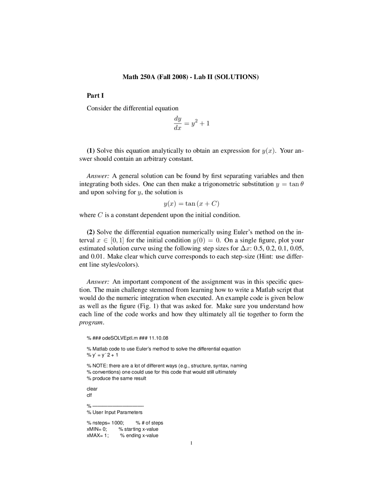 Lab Ii Solutions For Calculus And Differential Equations I Math 250a