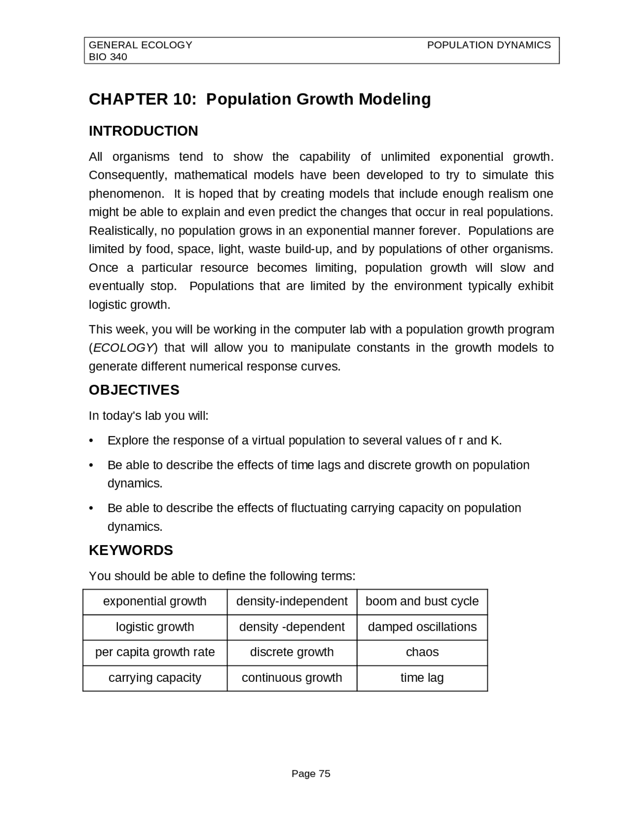 Population Growth Modeling Ecology Laboratory Bio 340 Docsity
