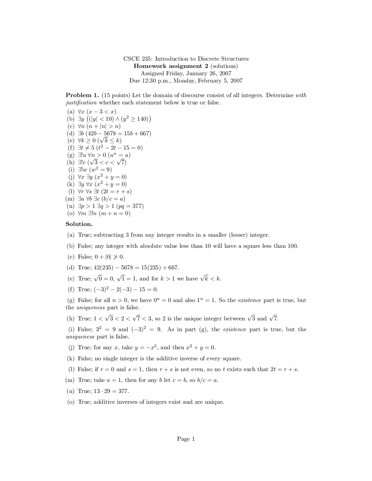 Homework Assignment 2 Solutions Introduction To Discrete Structures 7622