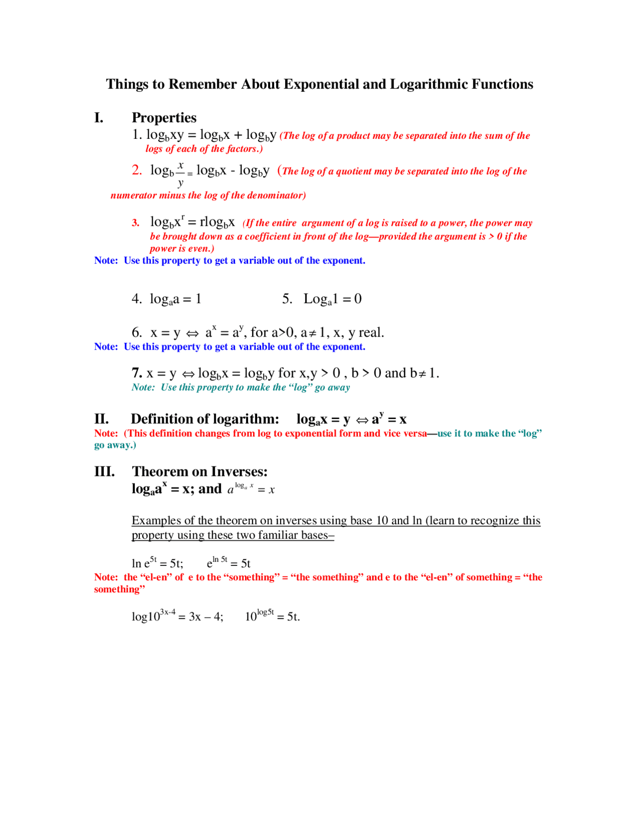 Things To Remember About Exponential and Logarithm | MAC 1105 - Docsity