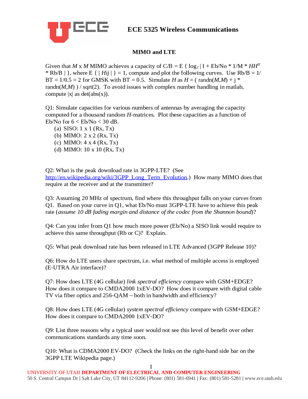 Mimo And Lte Wireless Communications Ece 5960 Docsity