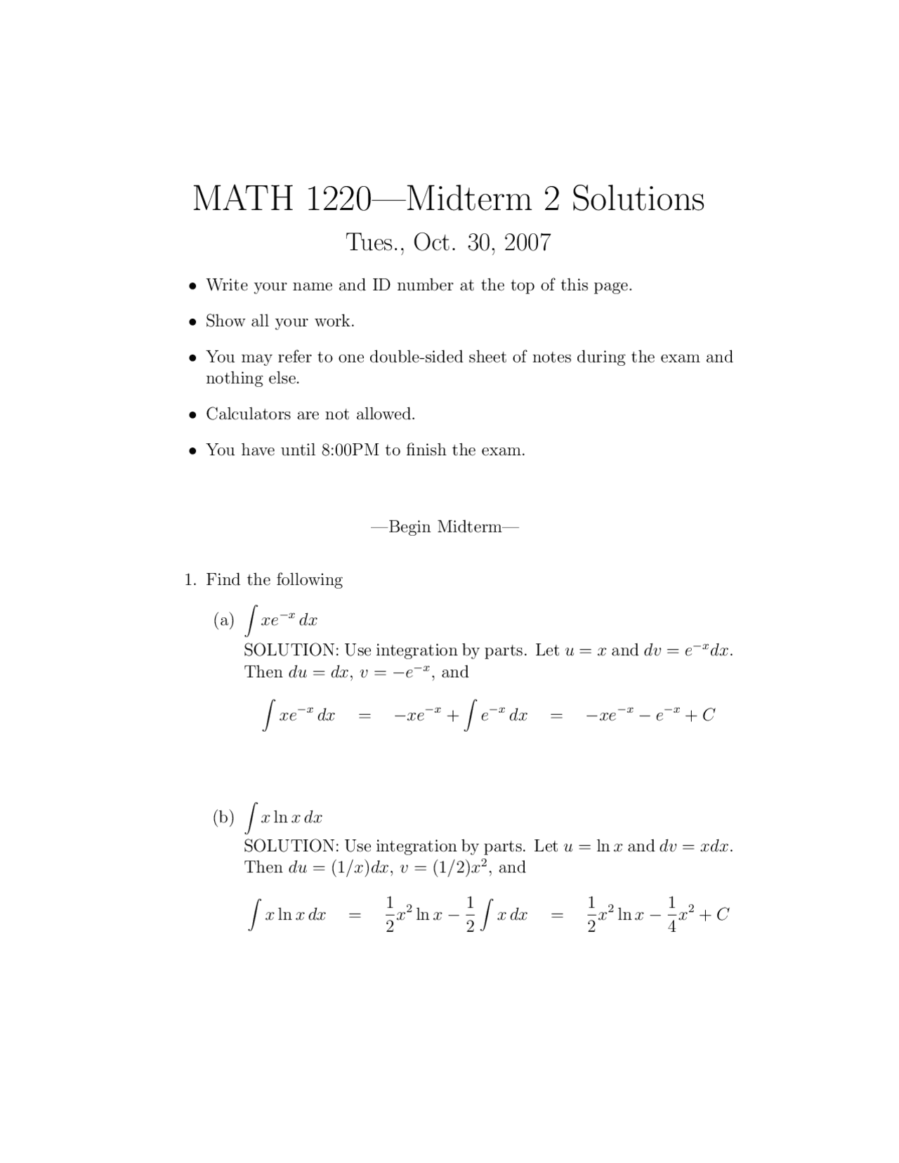 9 Solved Questions On Integration In Calculus Ii Midterm Exam Math