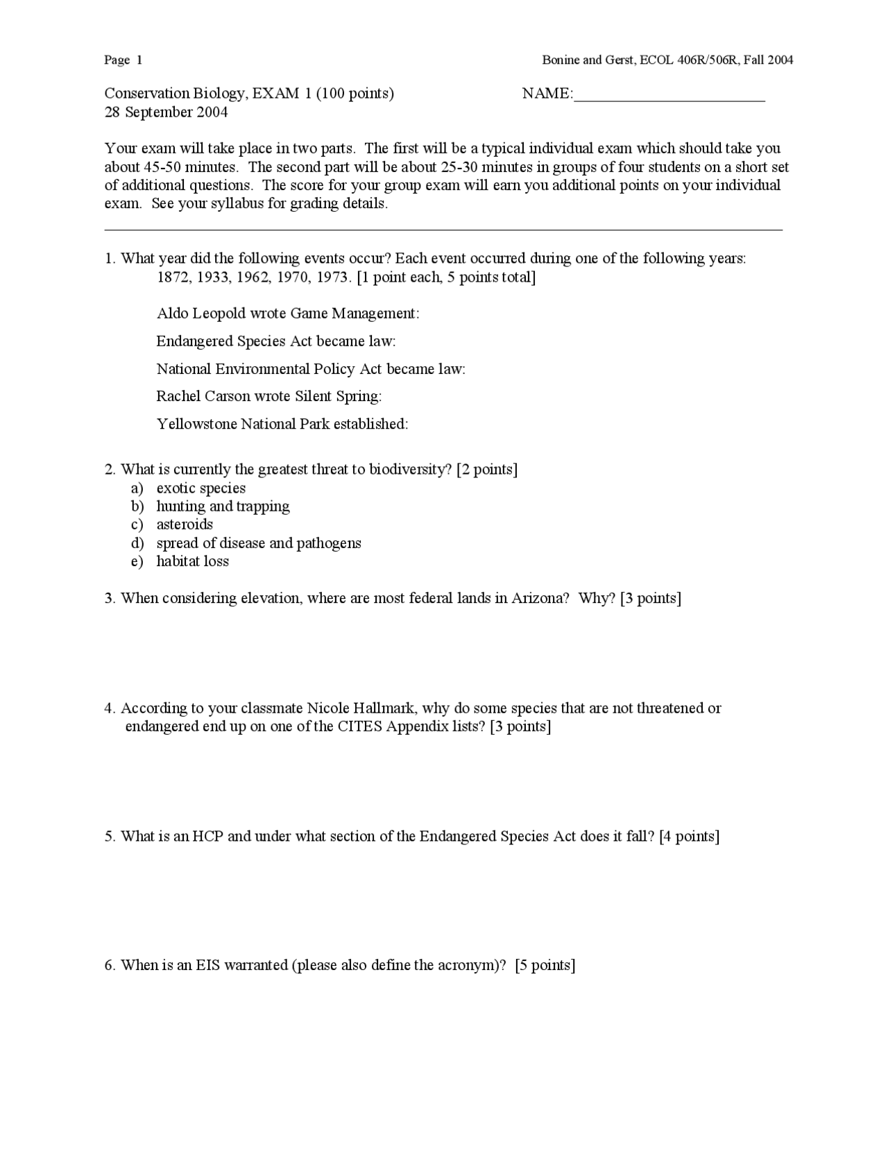 15 Questions On Conservation Biology Old Exam 1 Ecol 406r Docsity
