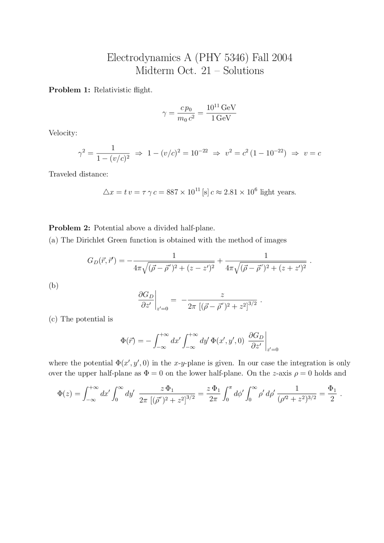 Solutions For Assignment 8 Electrodynamics A Phy 5346 Docsity