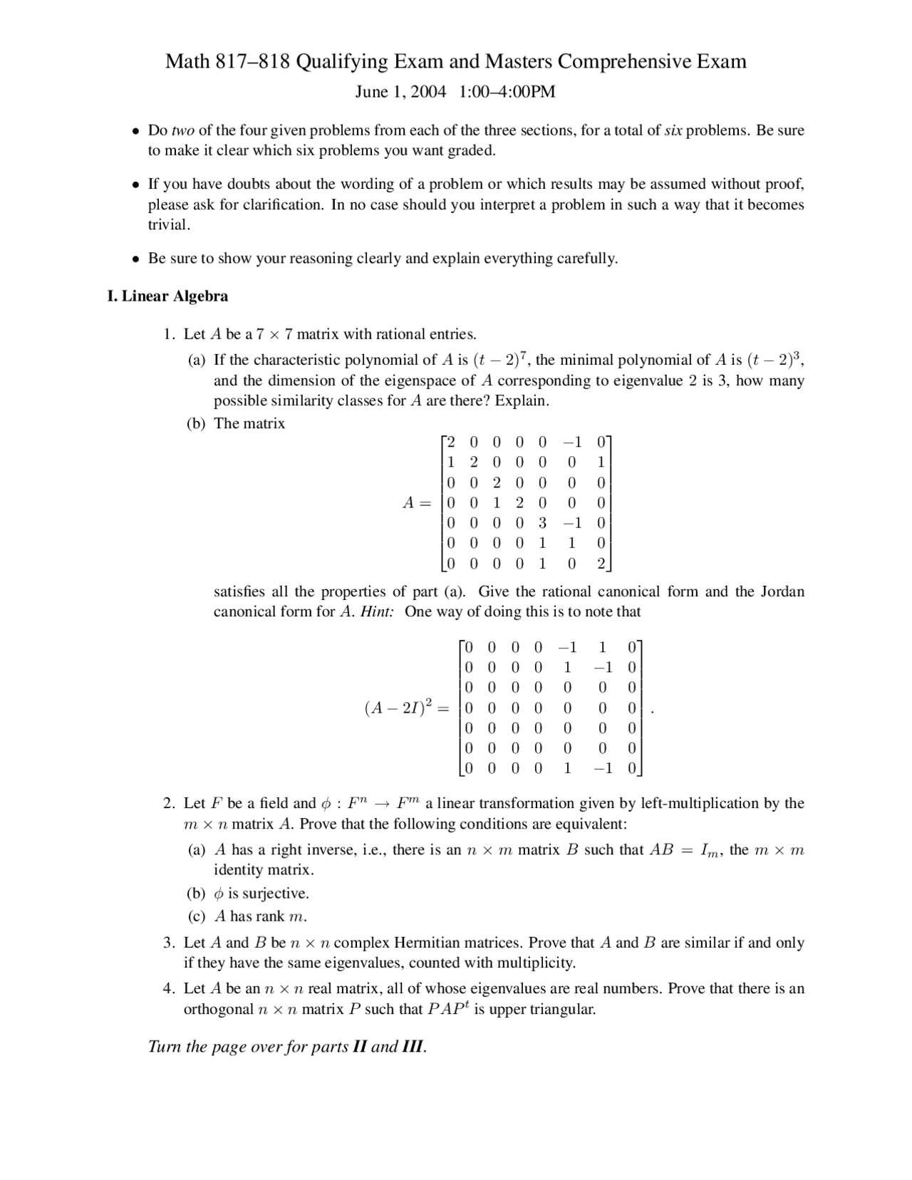 Practice Examination Introduction To Modern Algebra I Math 817