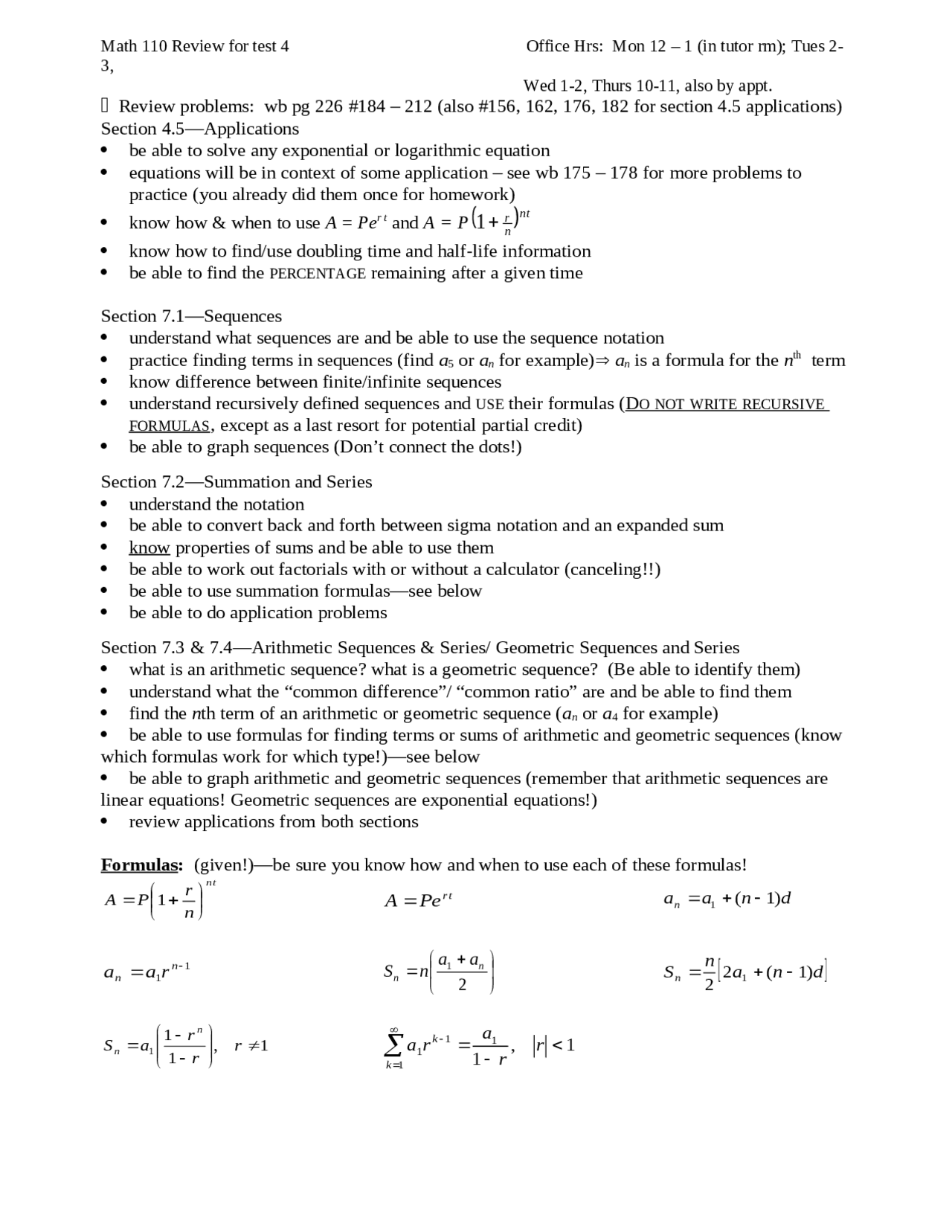 Review Sheet for Test 4 - College Algebra | MATH 110 - Docsity
