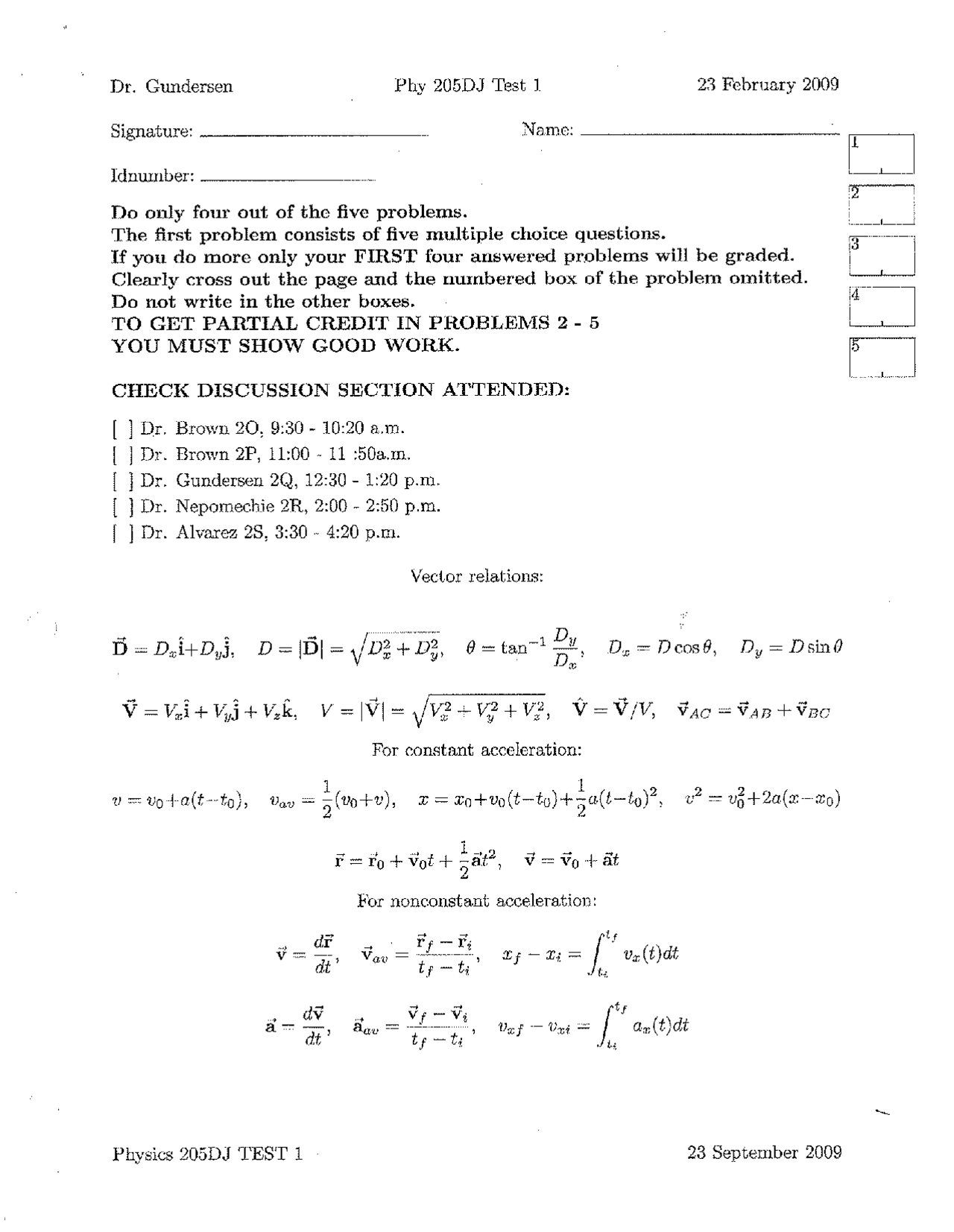 Exam I with Solutions - University Physics I - Fall 2009 | PHY 205 ...