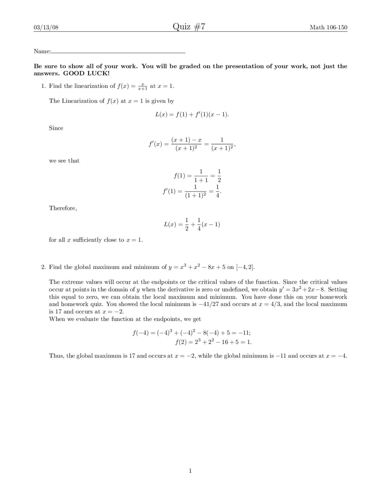 Find The Linearization Quiz 7 Manual Solution Math 106 Docsity