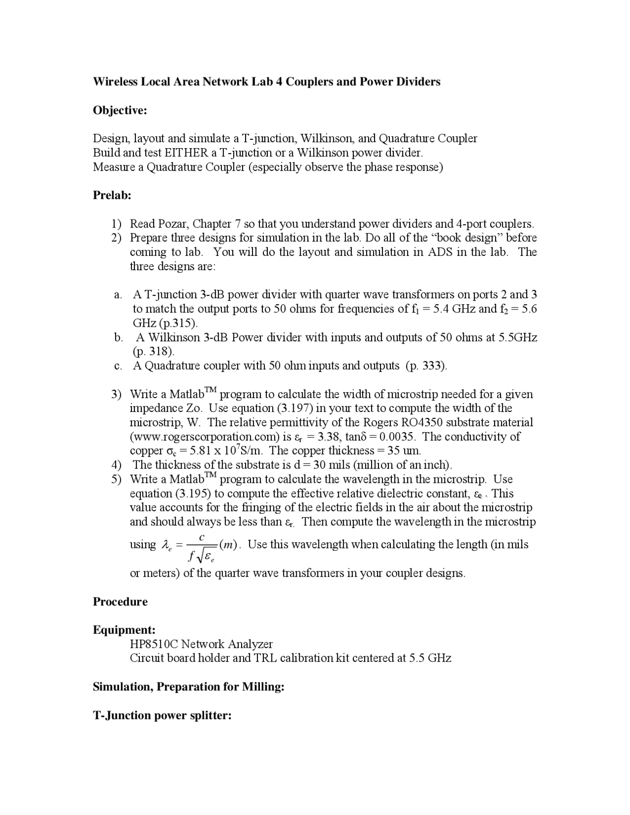 Wireless Local Area Network Couplers And Power Dividers Lab Ece