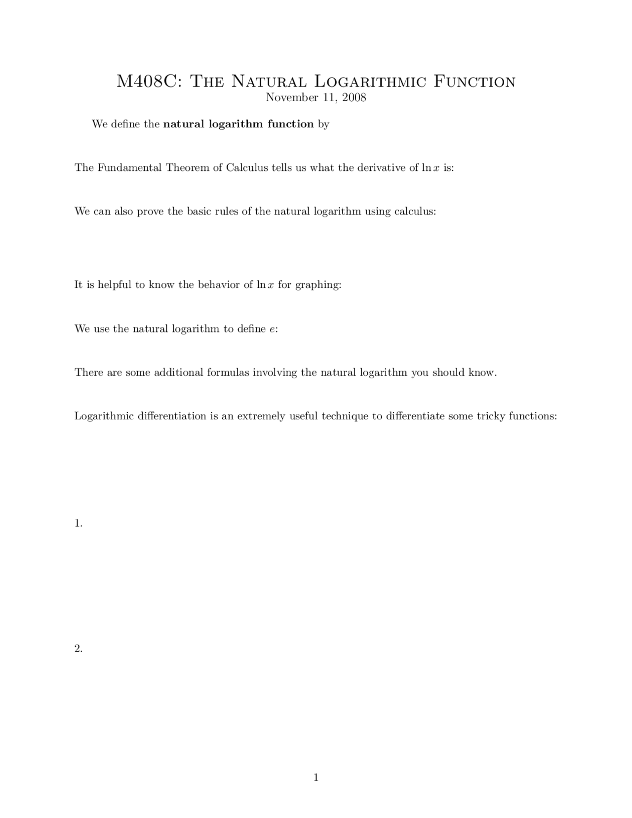 The Natural Logarithmic Functions Assignment M 408c Docsity