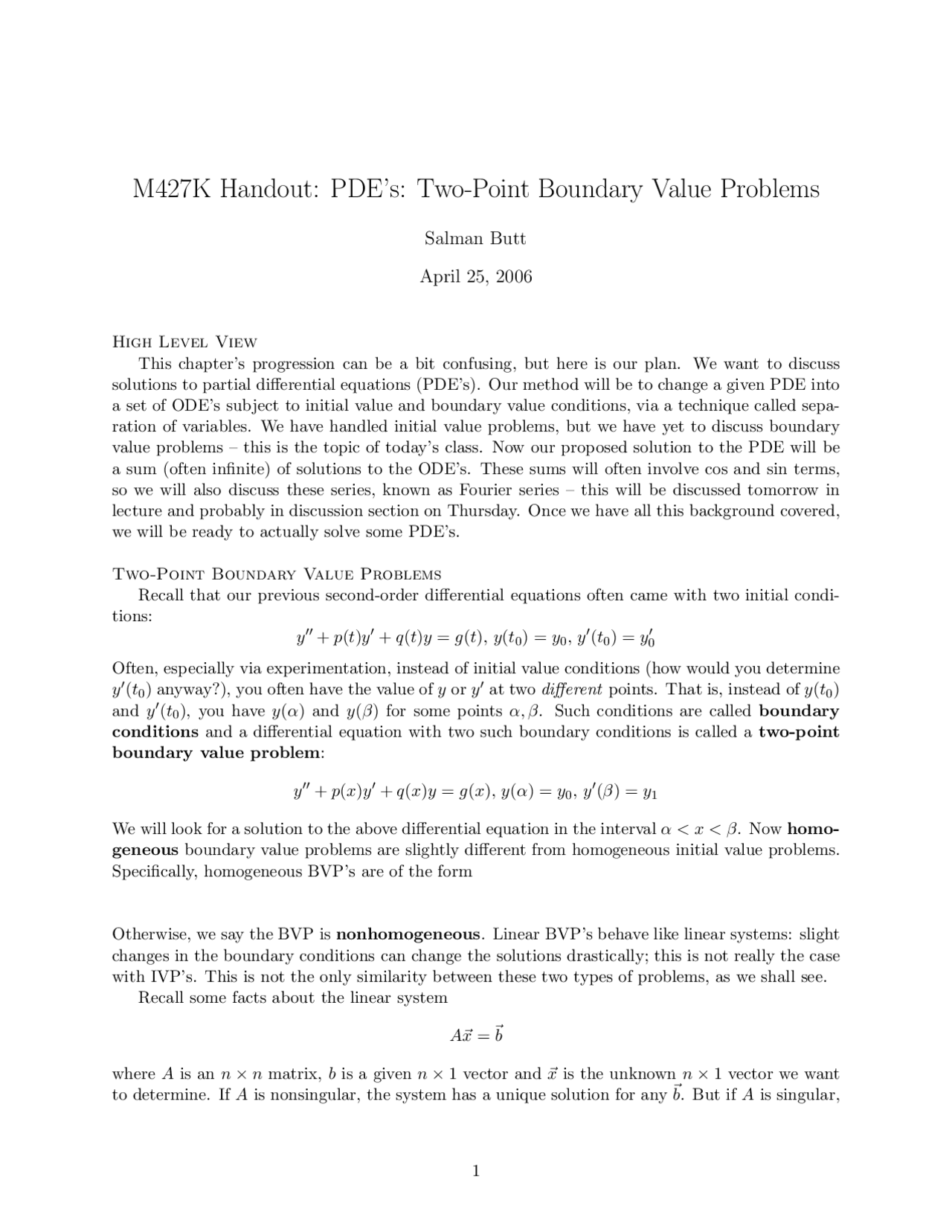 Two Point Boundary Value Problems Handout N 1 Docsity