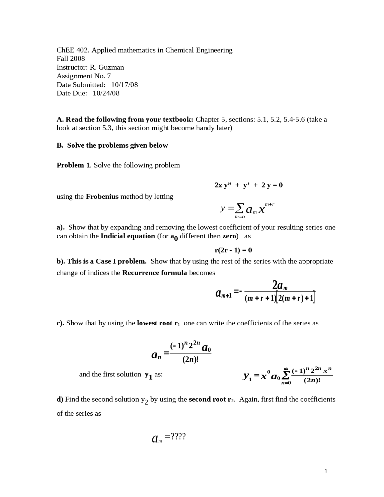 Chemical Engineering Modeling Assignment 7 Chee 402 Docsity
