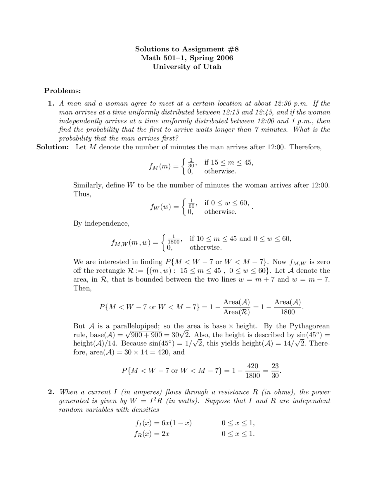Solutions to Homework 8 - Introduction to Probability | MATH 501 - Docsity