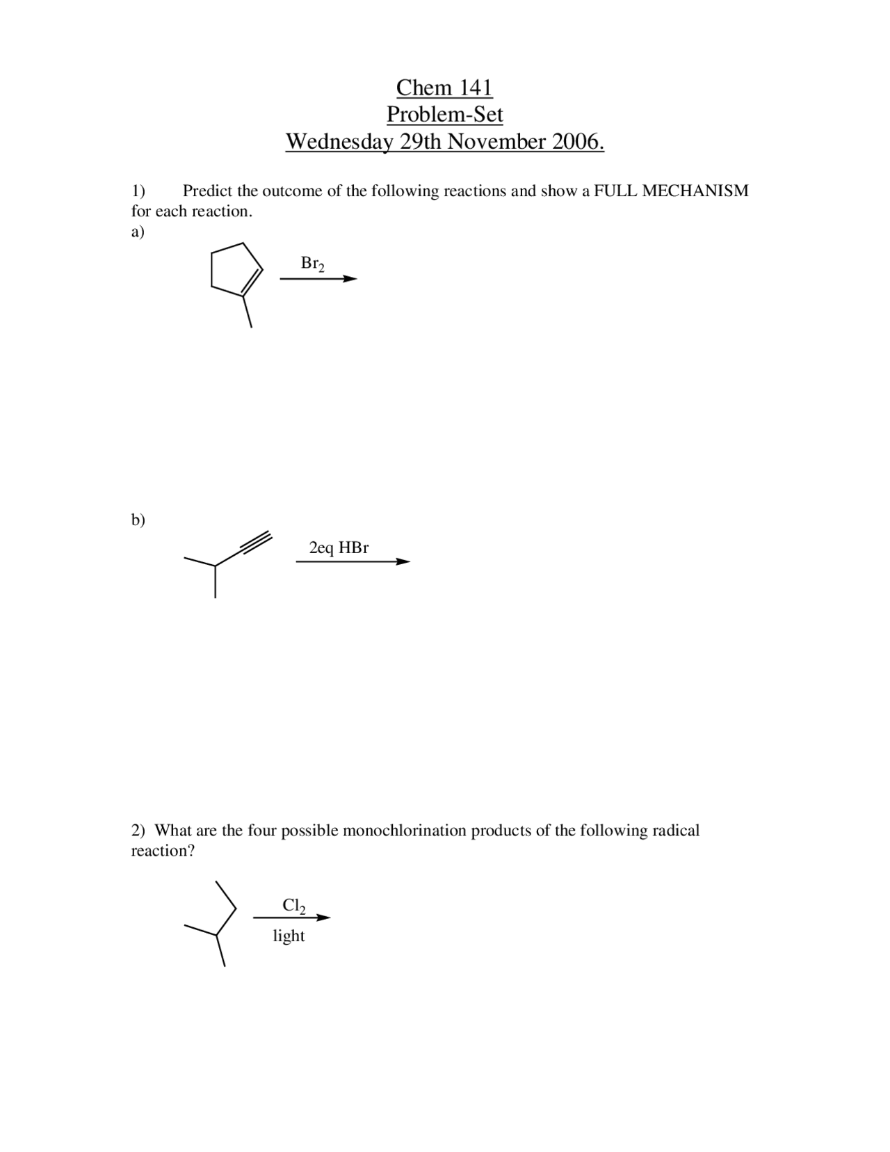 Problem Set 1 For Organic Chemistry 1 Chem 141 Docsity