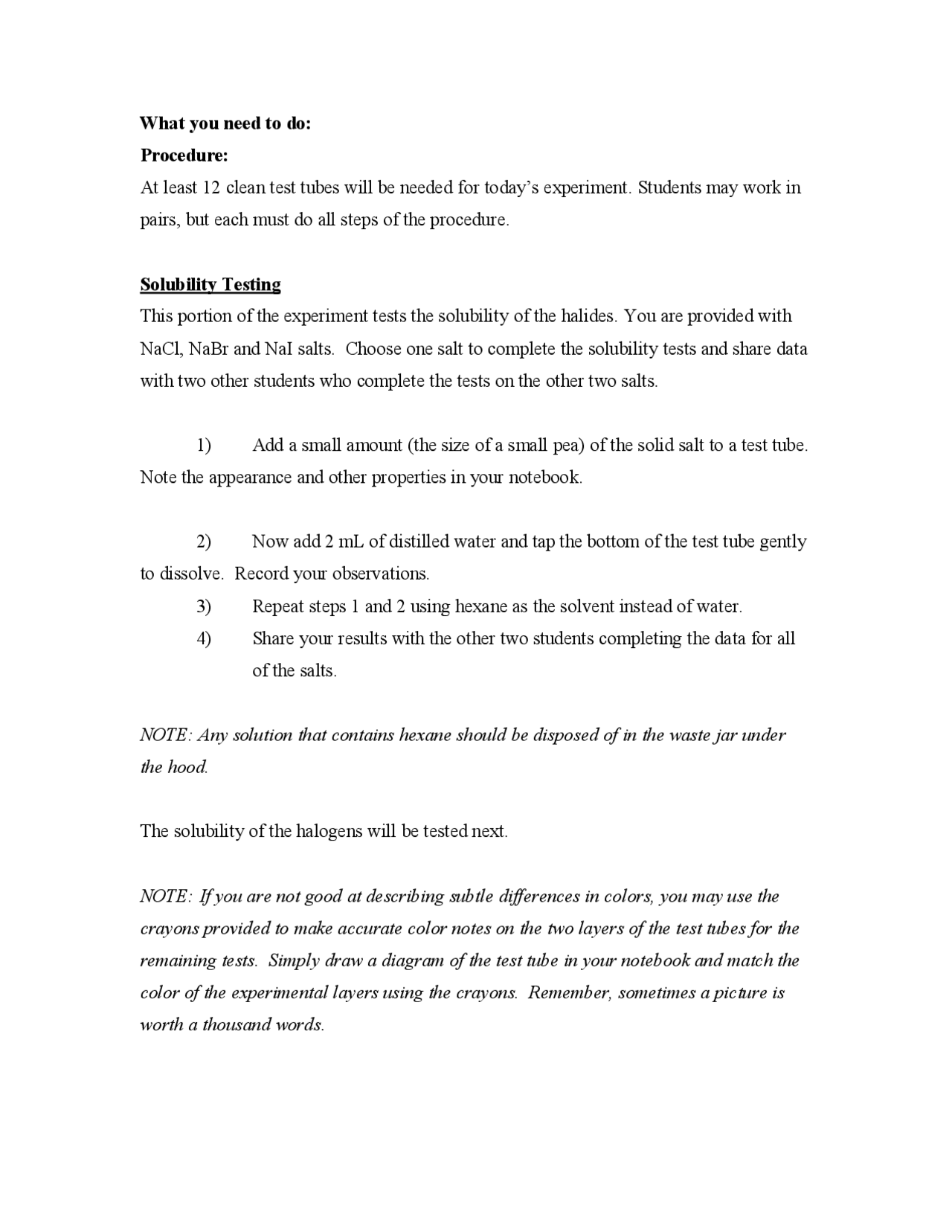 Lab Procedure on Solubility Testing | CHM 1020L - Docsity