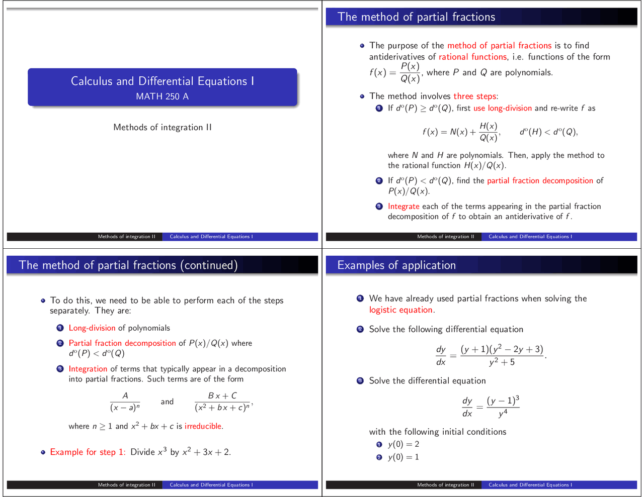 Methods of Integration II - Lecture Slides | MATH 250A - Docsity