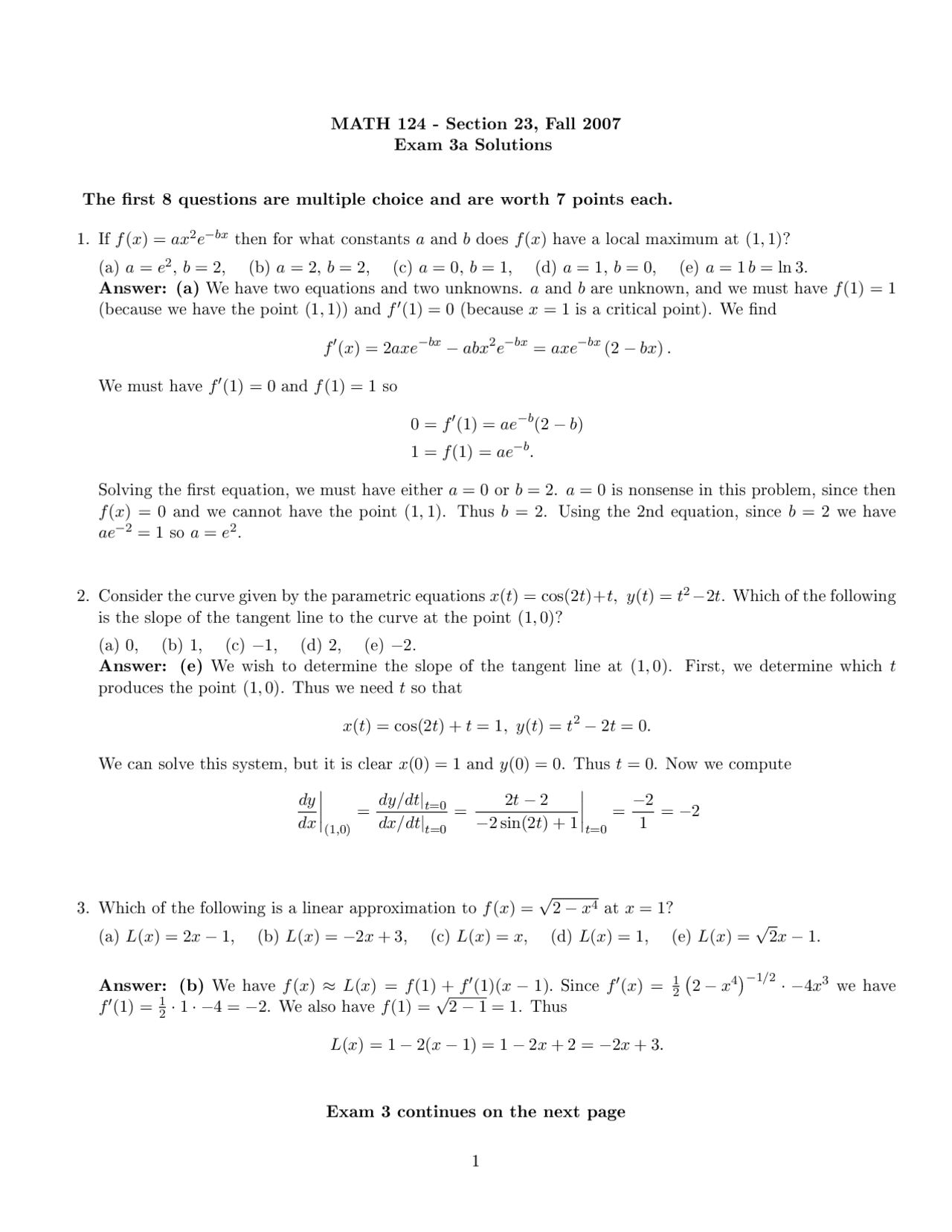 11 Solved Problems On Parametric Equations Exam 3 Math 124 Docsity