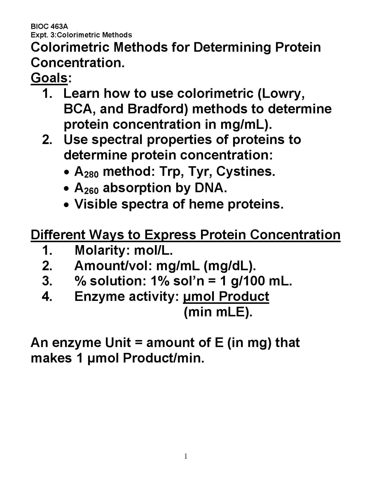 Colorimetric Methods For Determining Protein Concentration Bioc 463a