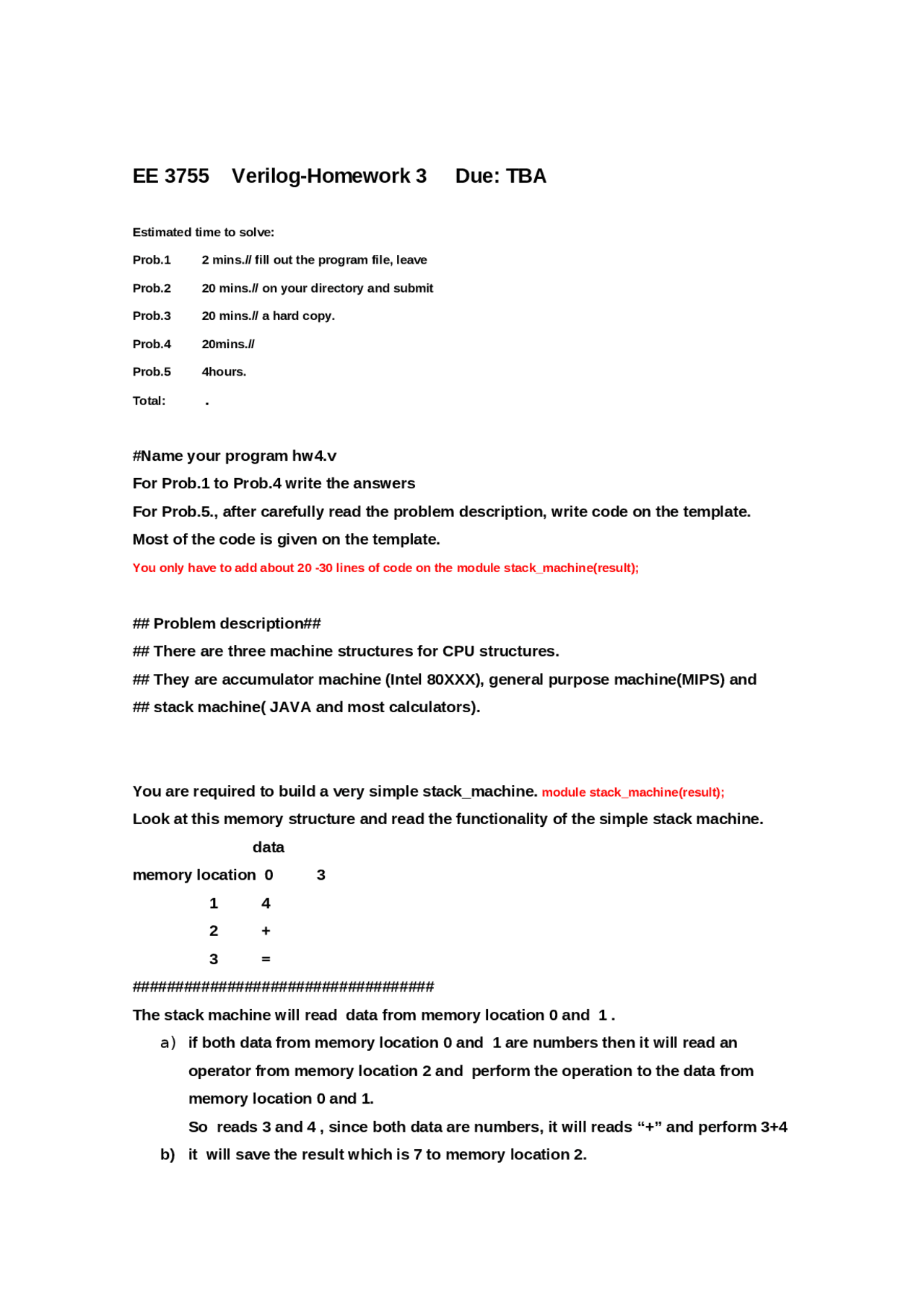 Computer Organization Verilog Homework 3 Ee 3755 Docsity