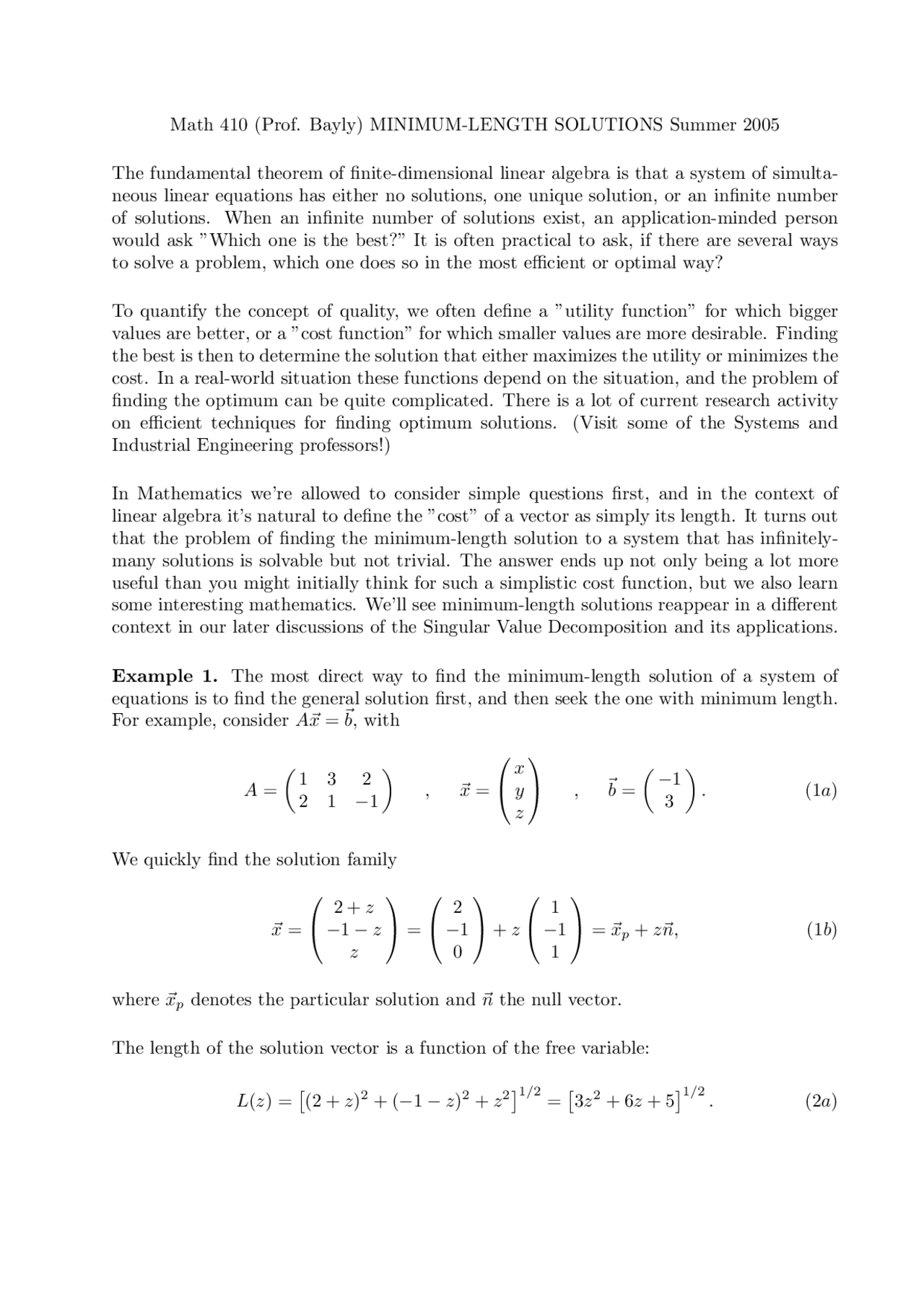 Minimum Length Solutions Matrix Analysis Math 410 Docsity