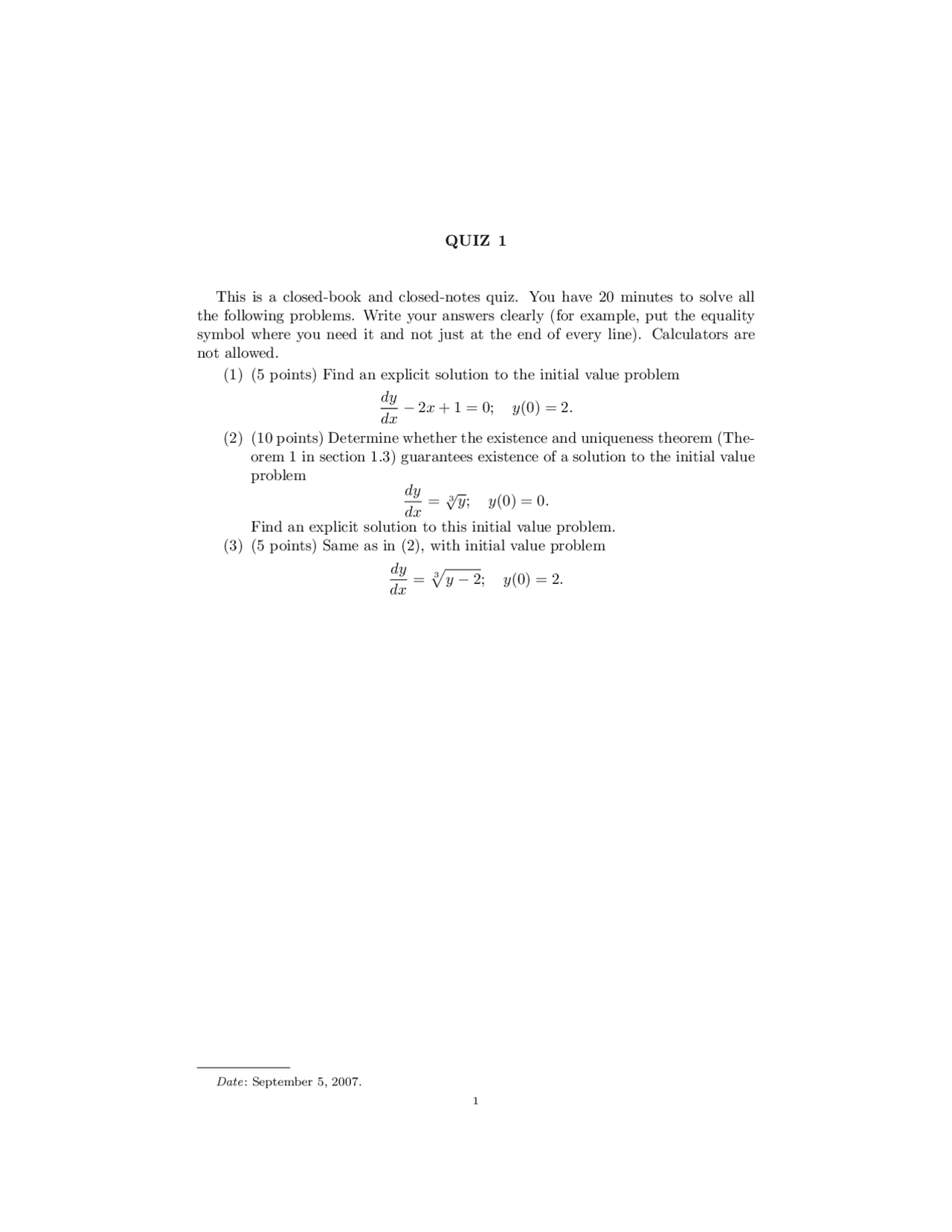 Quiz With 3 Problems Differential Equations Math 221 Docsity