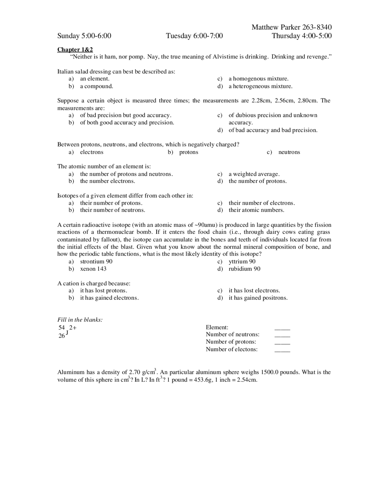 Introductory Chemistry I Unsolved Questions Che 1101 Docsity