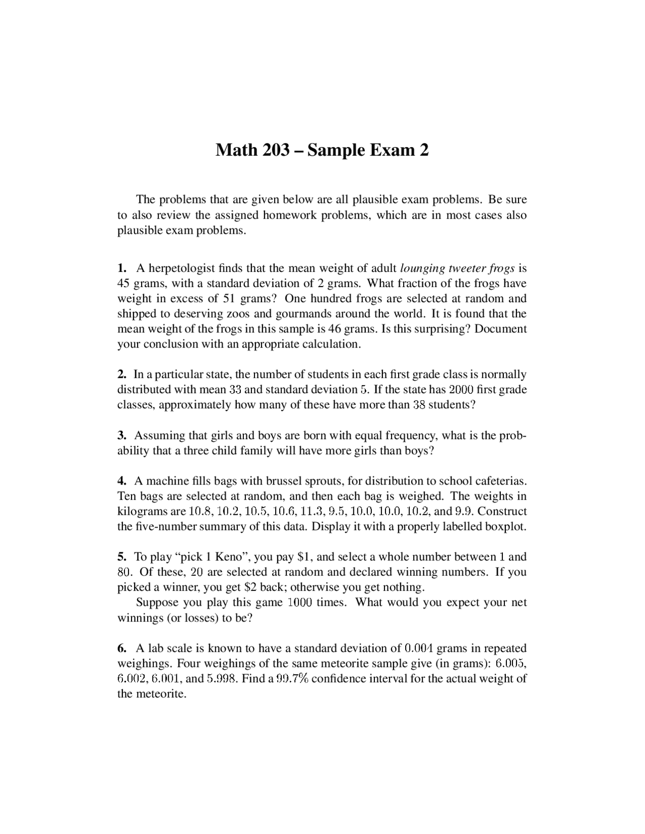 Sample Exam 2 Contemporary Mathematics Math 203 Docsity