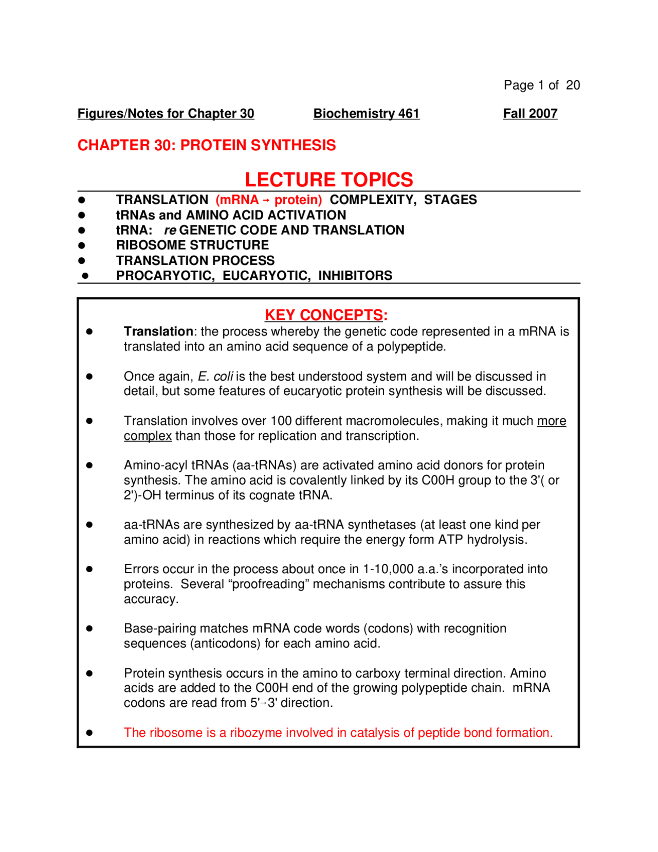 Protein Synthesis Lecture Notes Bioc 461 Docsity