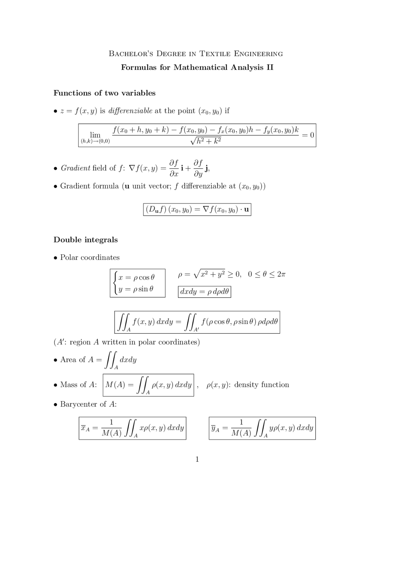 Analisi Matematica 2 Formule Docsity