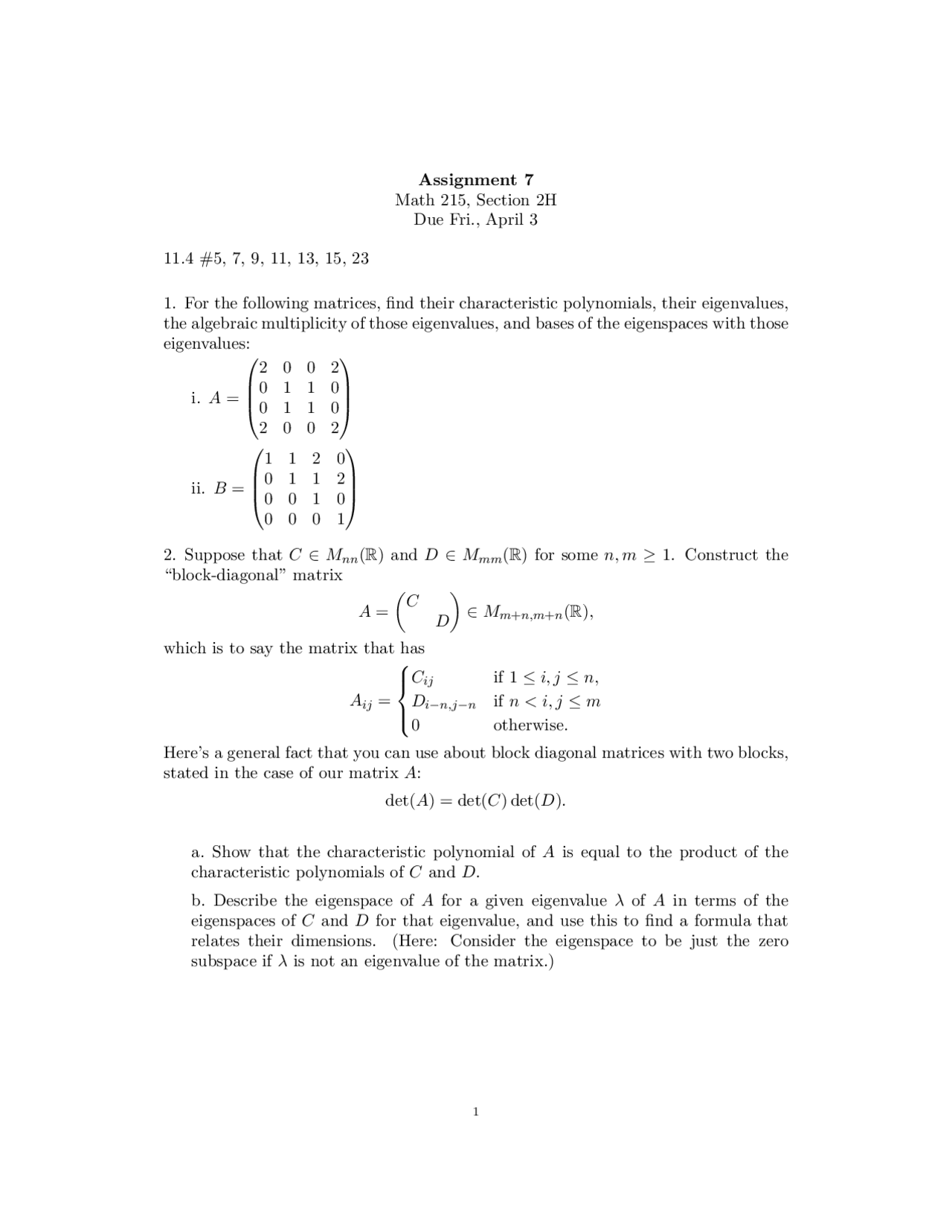Homework Seven Questions Introduction To Linear Algebra Math 215