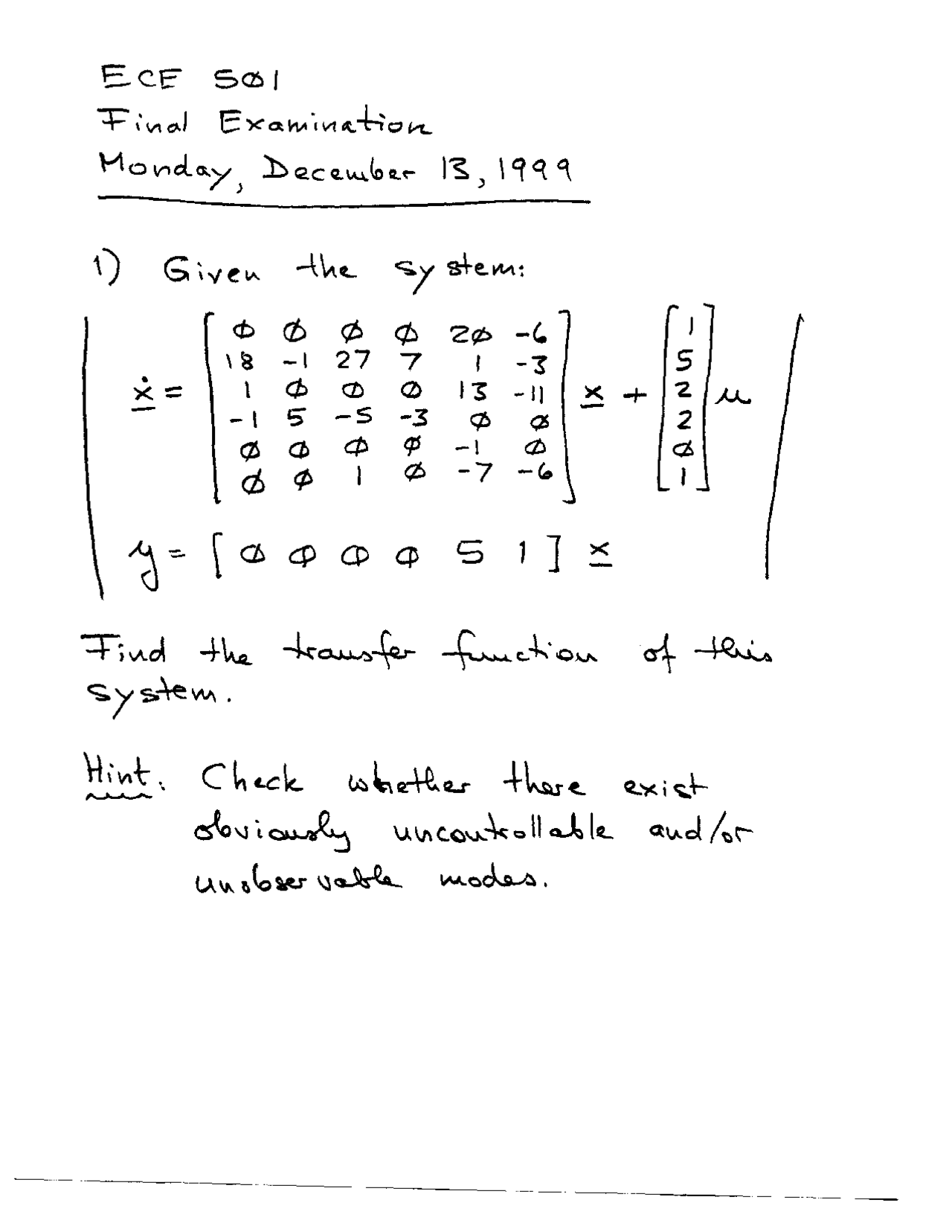 Advanced Linear Systems Theory Final Exam Ece 501b Docsity