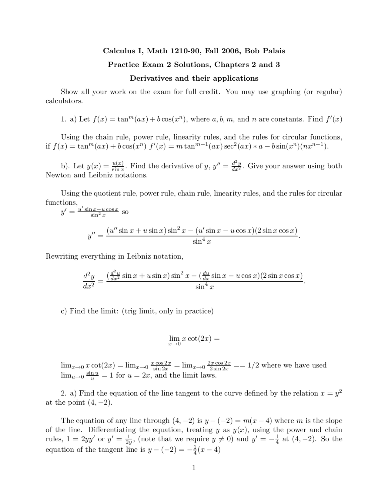 Practice Exam 2 Solution For Calculus I Math 1210 Docsity