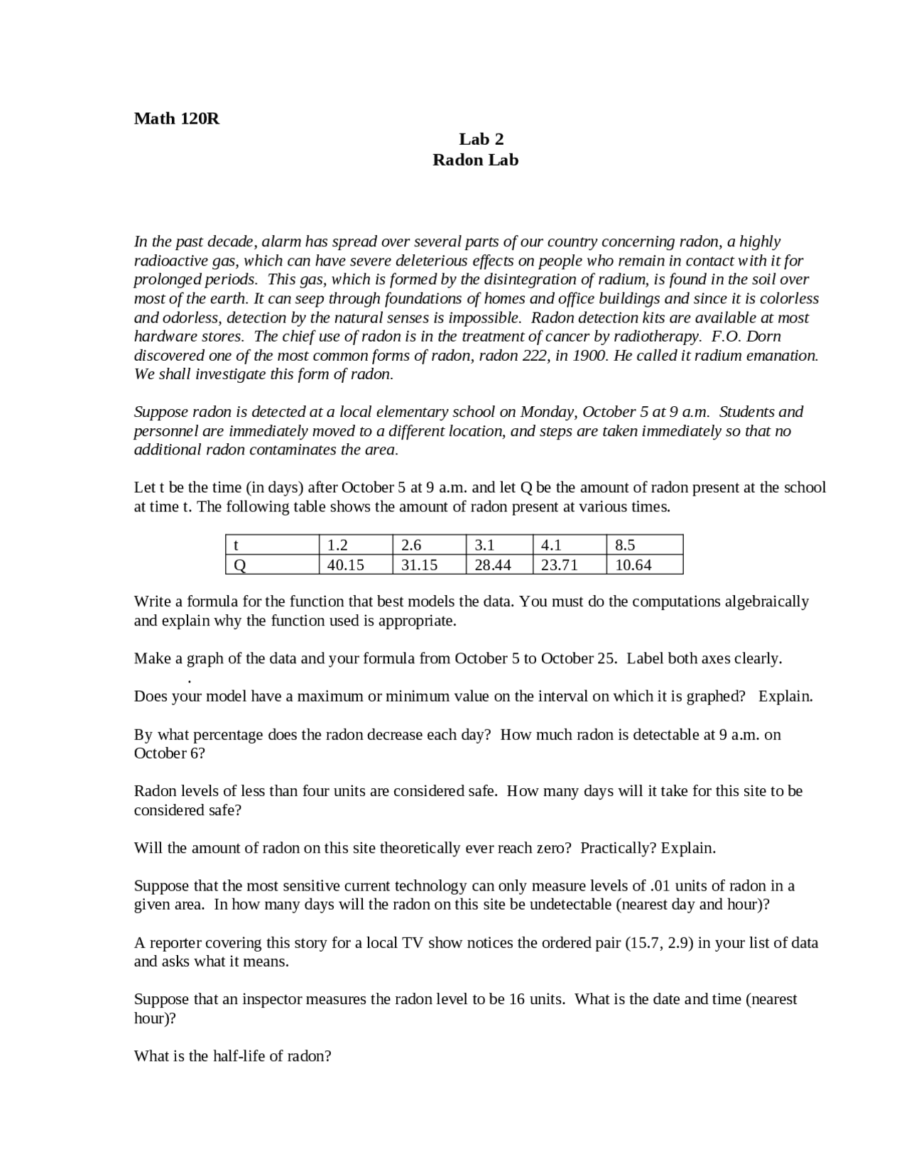 Lab 2: Radon Lab - Calculus Preparation | MATH 120R - Docsity