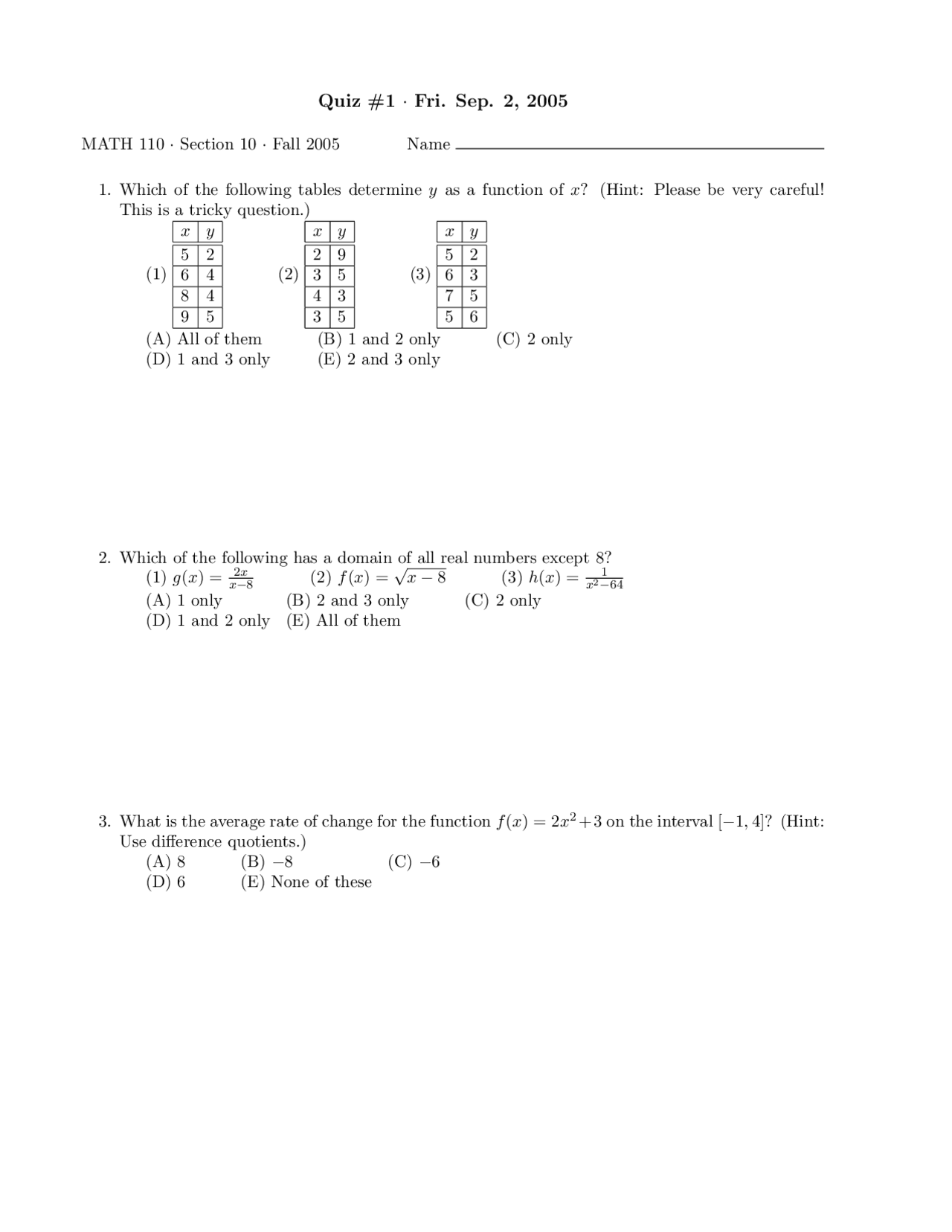 Quiz Questions from MATH 110, Fall 2005 | Quizzes Algebra | Docsity