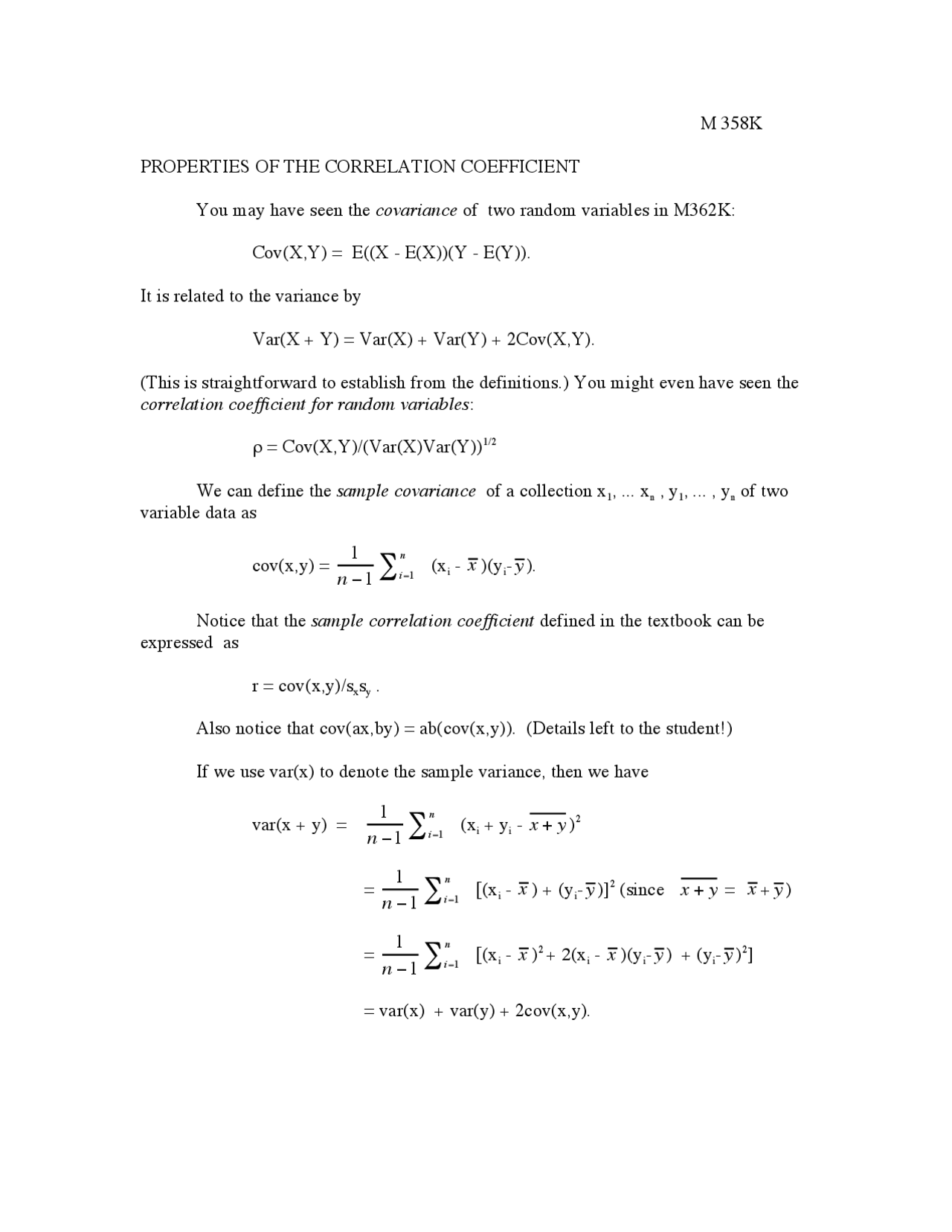 Properties Of The Correlation Coefficient Lecture Notes M 358k