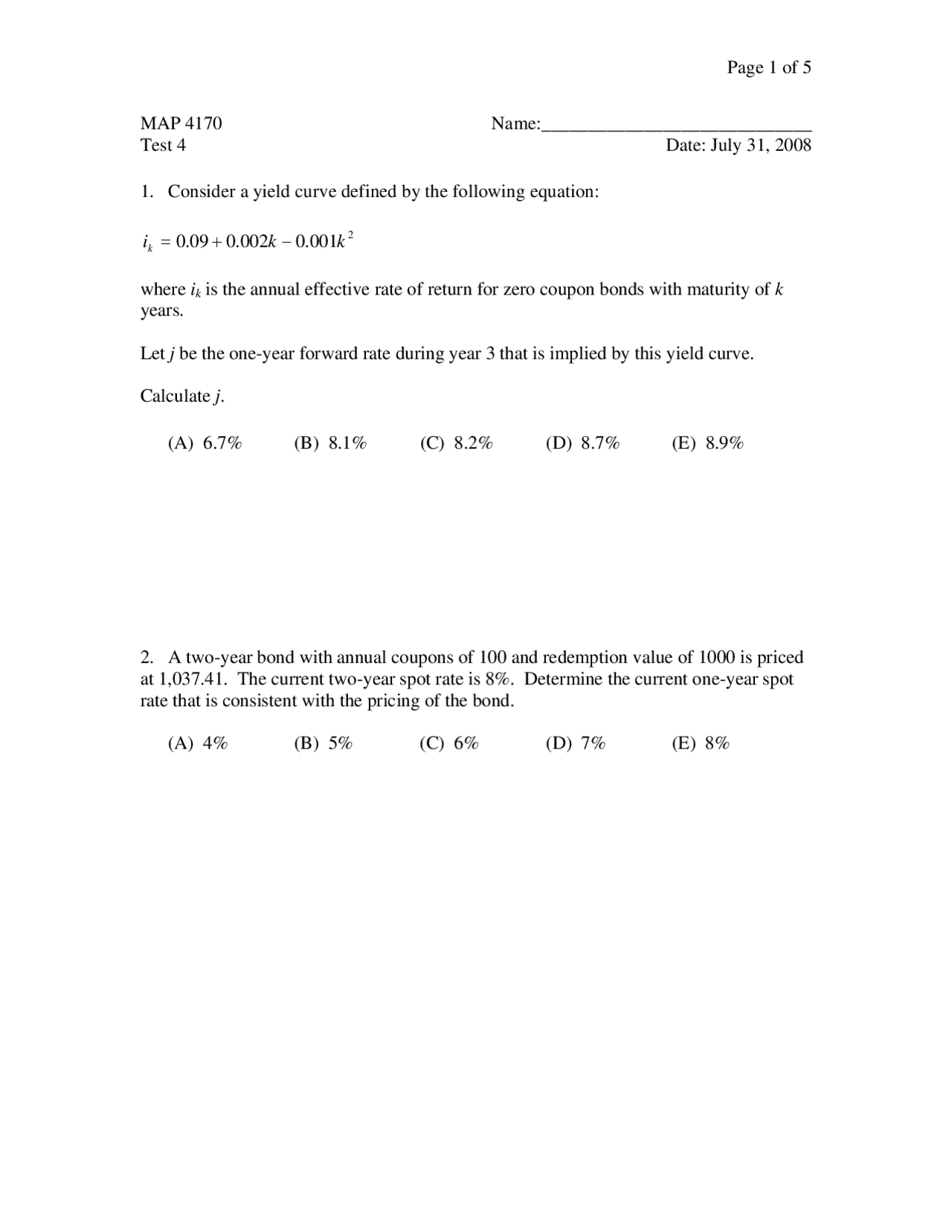 Practice Exam 4 For Introduction To Actuarial Mathematics Map 4170