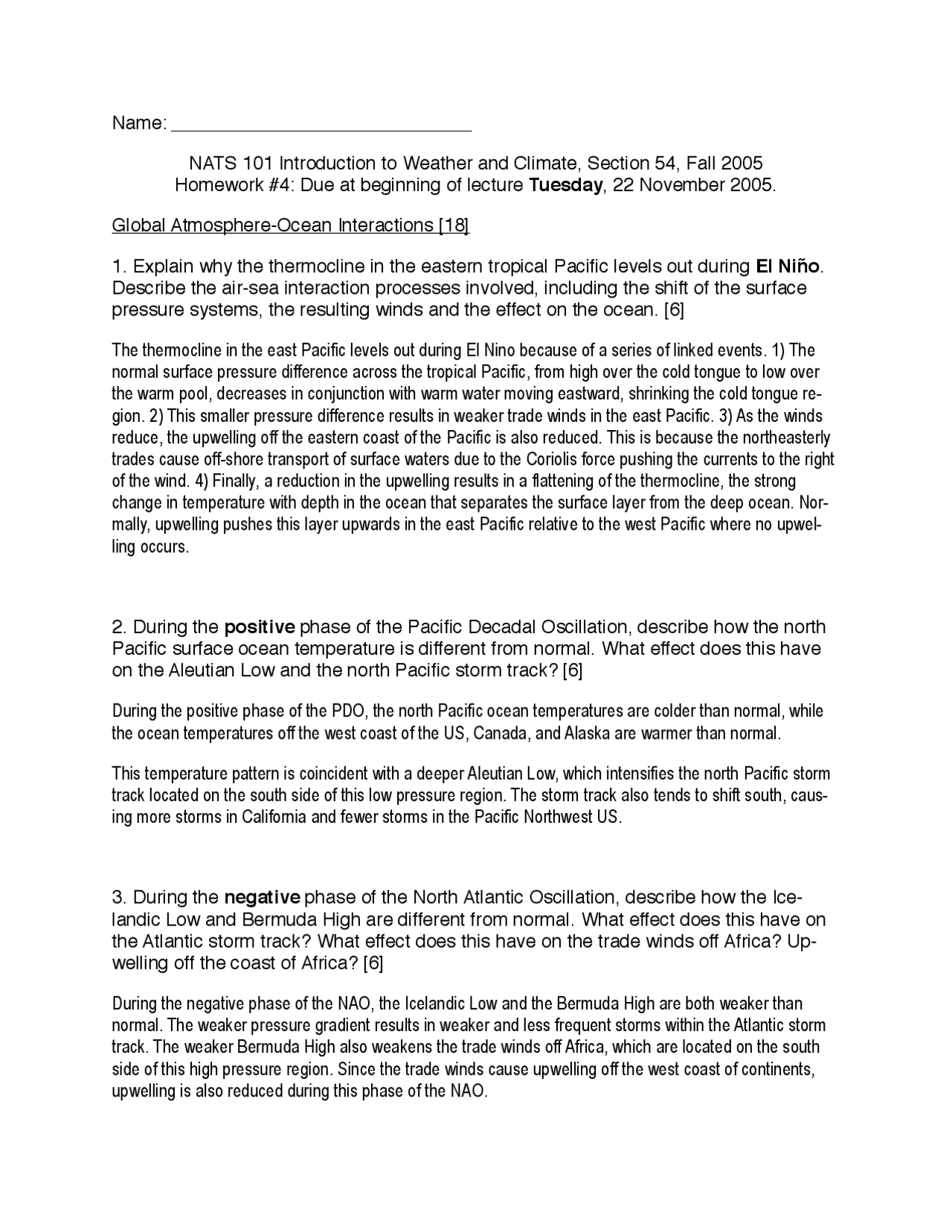 Homework Iv For Global Atmosphere Ocean Interactions Nats 101 Docsity